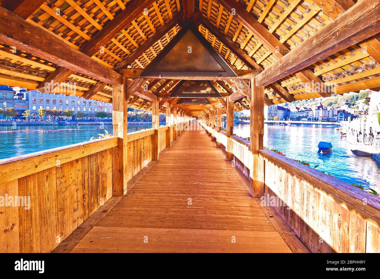 Chapel bridge (Kapellbrucke) historic wooden bridge in Luzern, town in ...