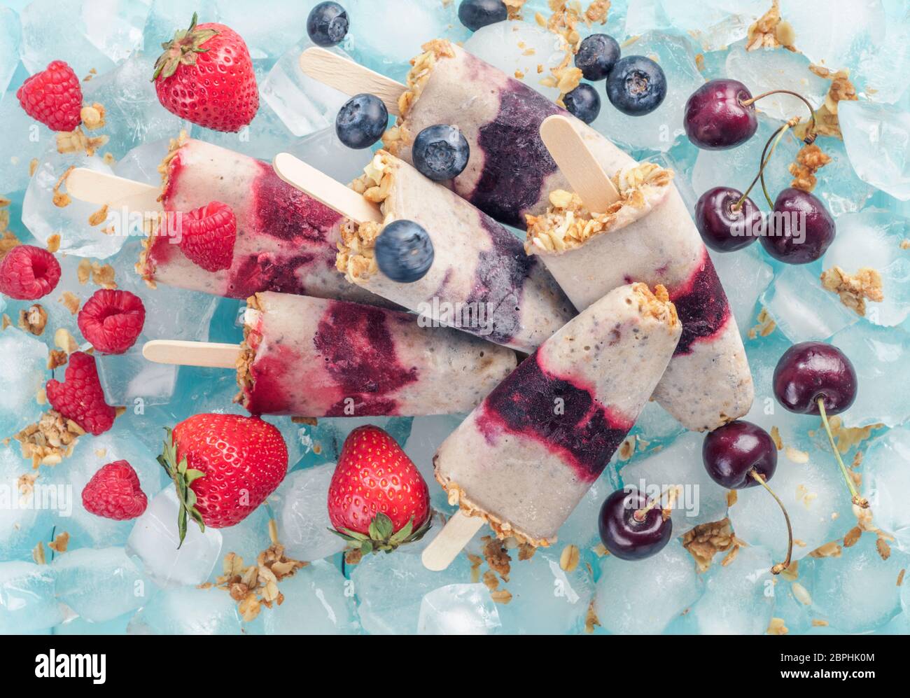 Homemade popsicle and cherry, blueberry, strawberry, raspberry. Healthy ...