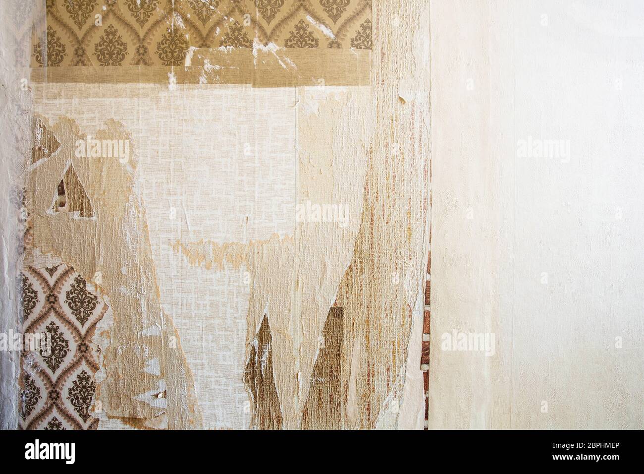 Aged room wall background with torn vintage wallpaper, old background ...