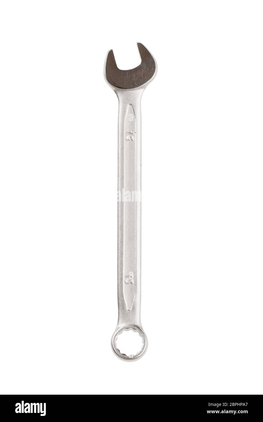 Single steel and chrome spanner with jaws and a ridged hole for ...