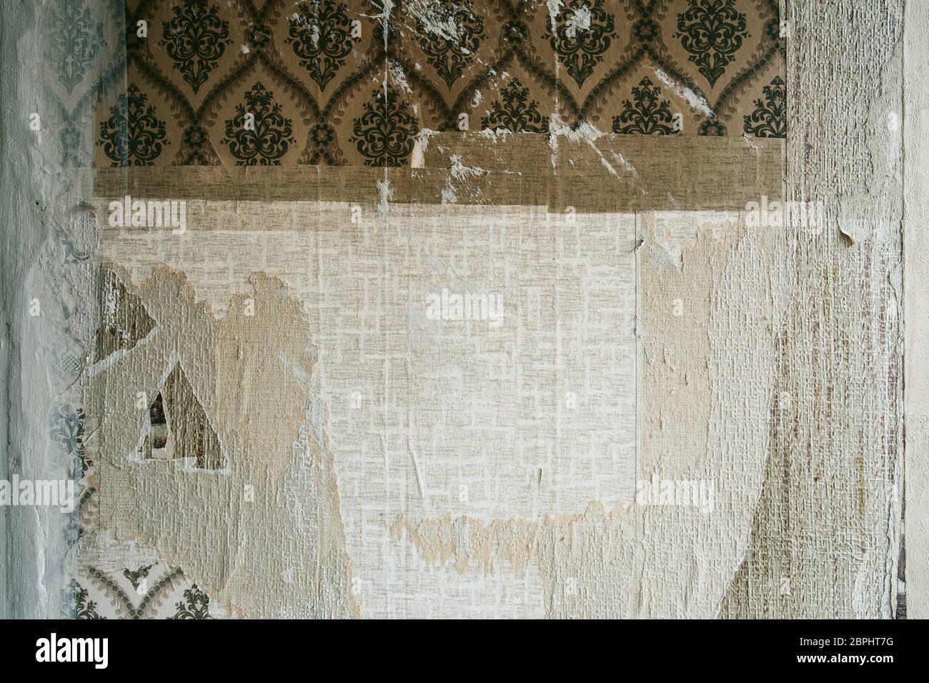 Aged room wall background with torn vintage wallpaper, old background ...