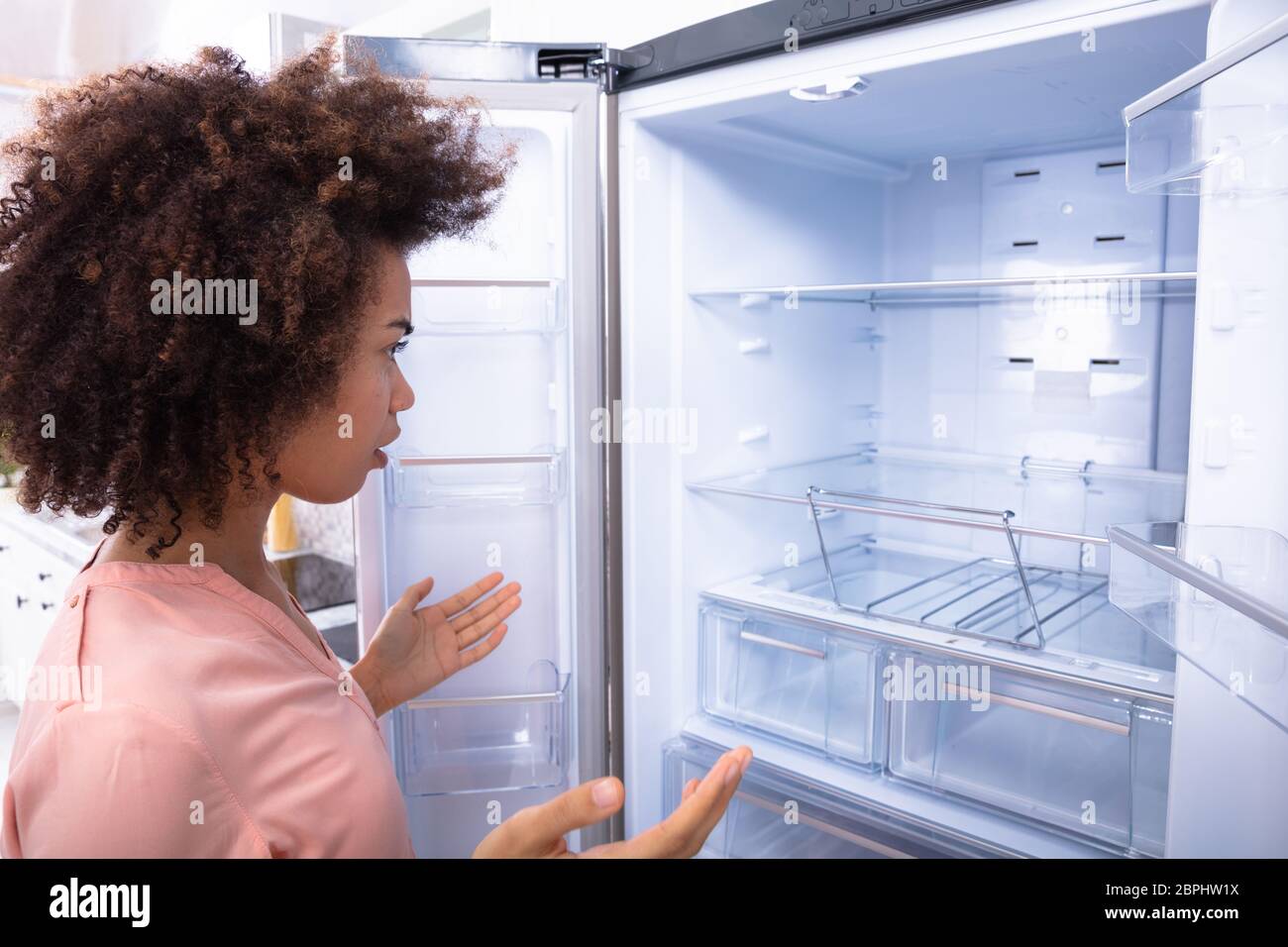 Close-up Of Shocked African Young Woman Looking At Empty Refrigerator ...