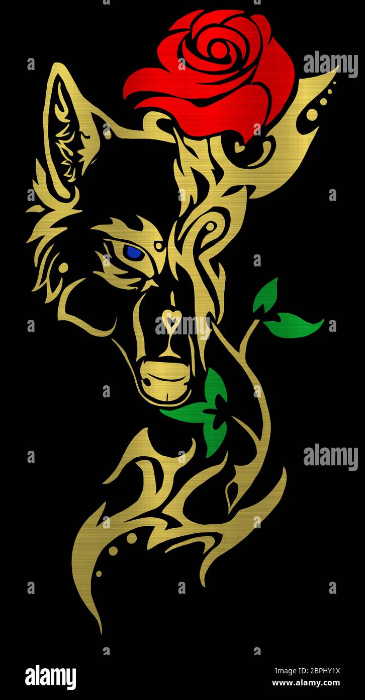rose wolf red golden blossom metallic nature illustration Stock Photo ...