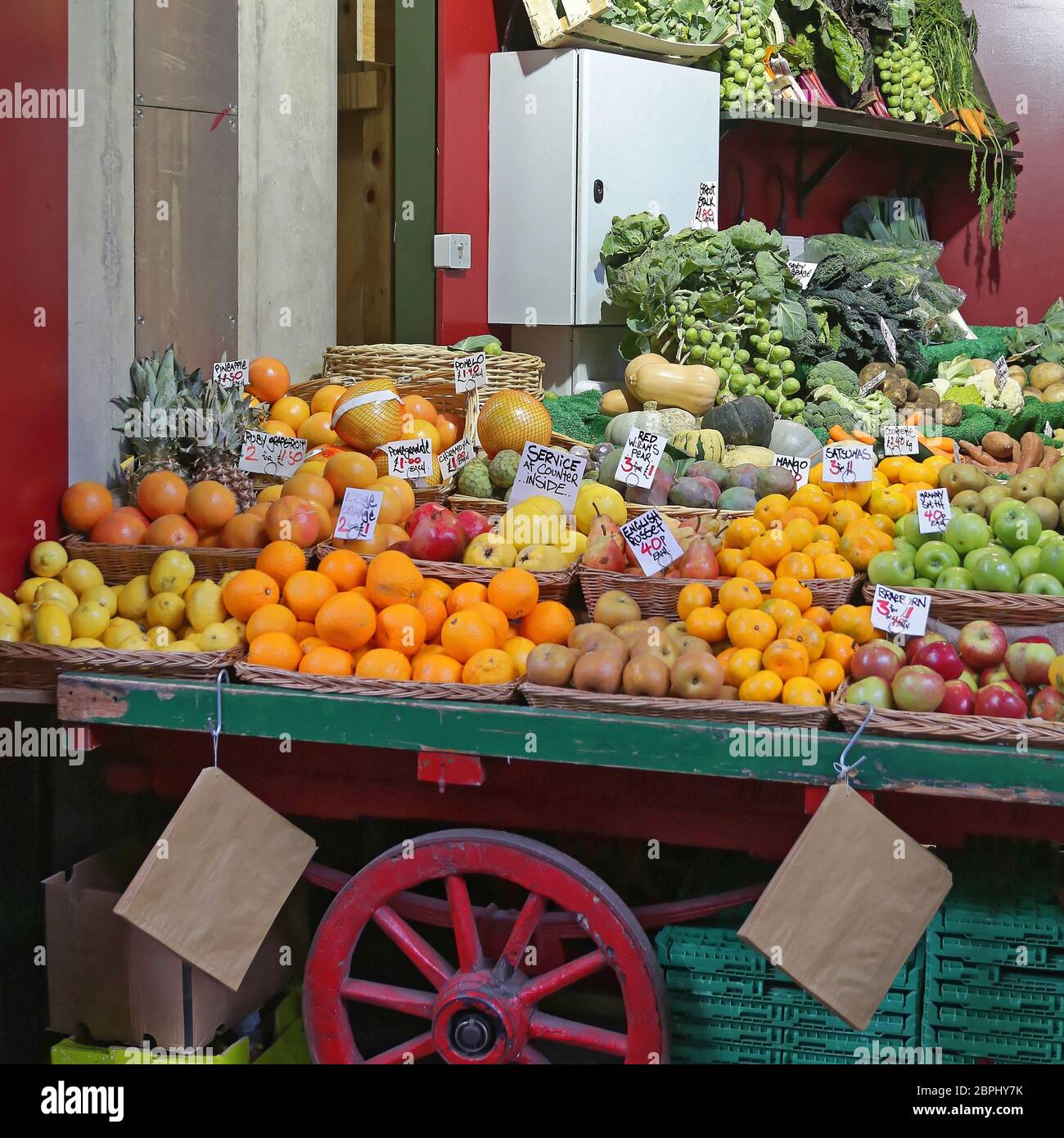 Fruits and Vegetables in Cart at Farmers Market Stock Photo - Alamy