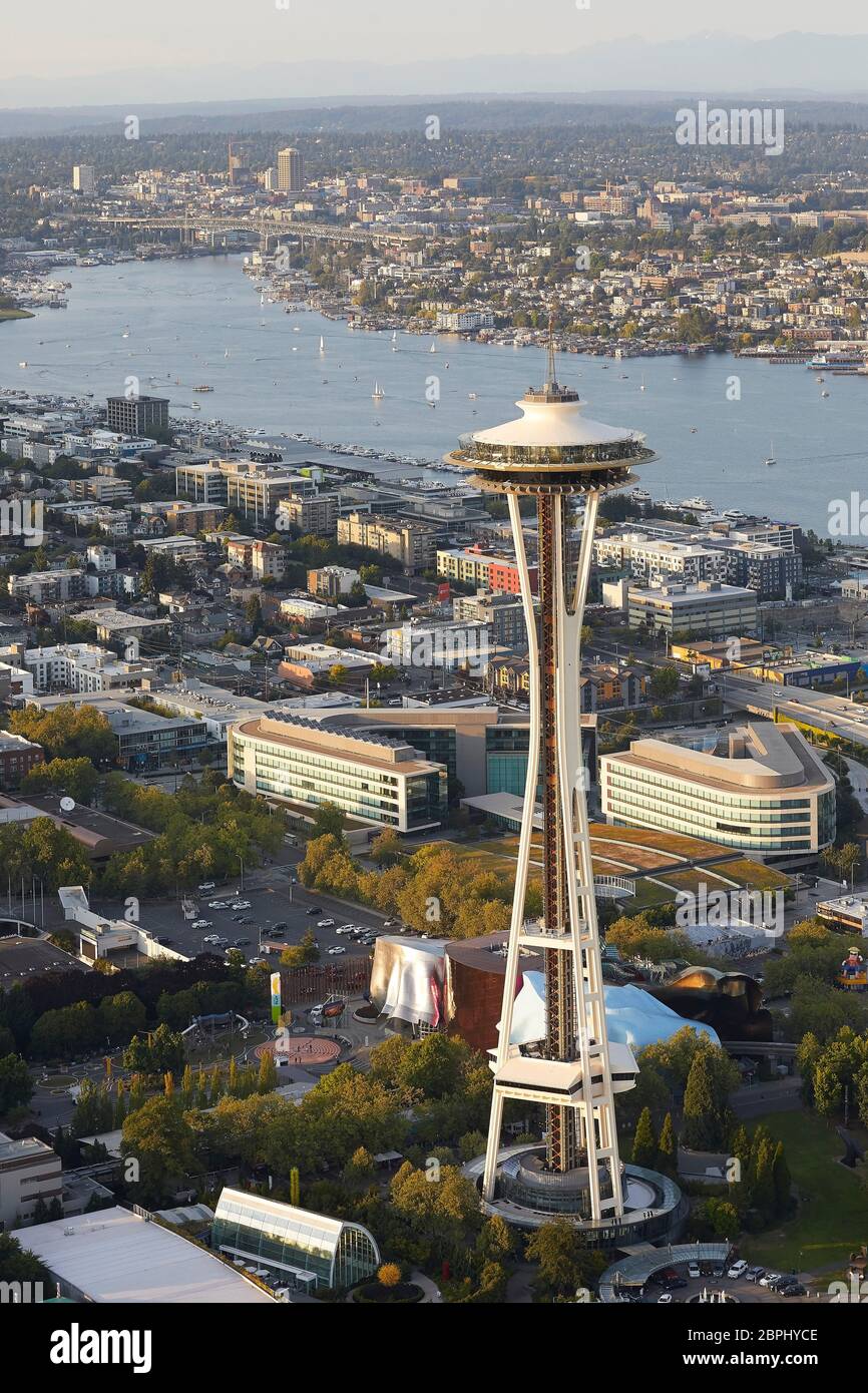 Aerial view of tower and cityscape. Space Needle, Seattle, United ...
