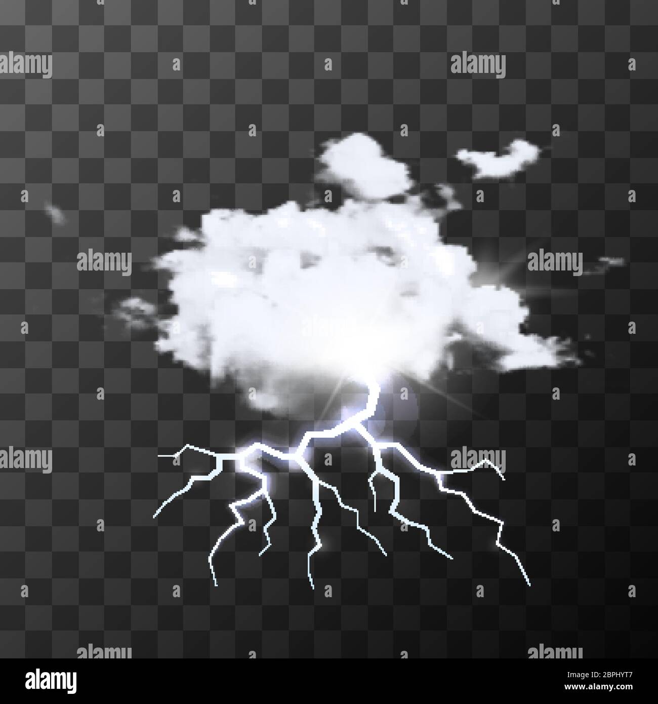Detailed realistic rainy cloud with bright flash on transparent ...