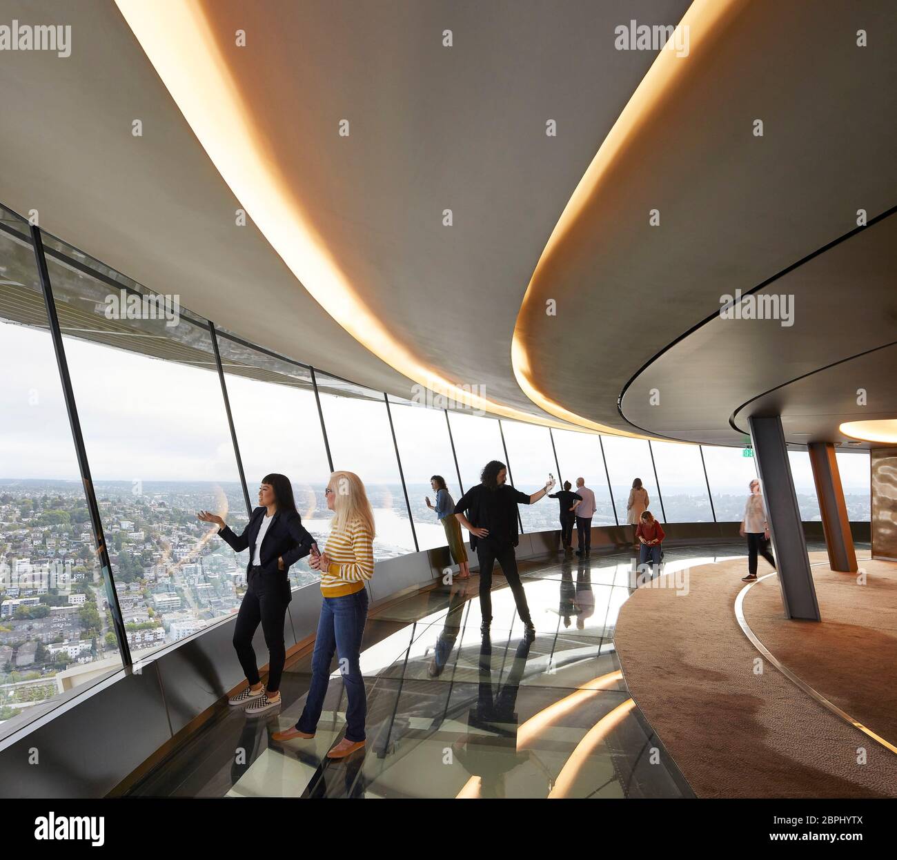 Indoors viewing platform with glass flooring. Space Needle, Seattle ...