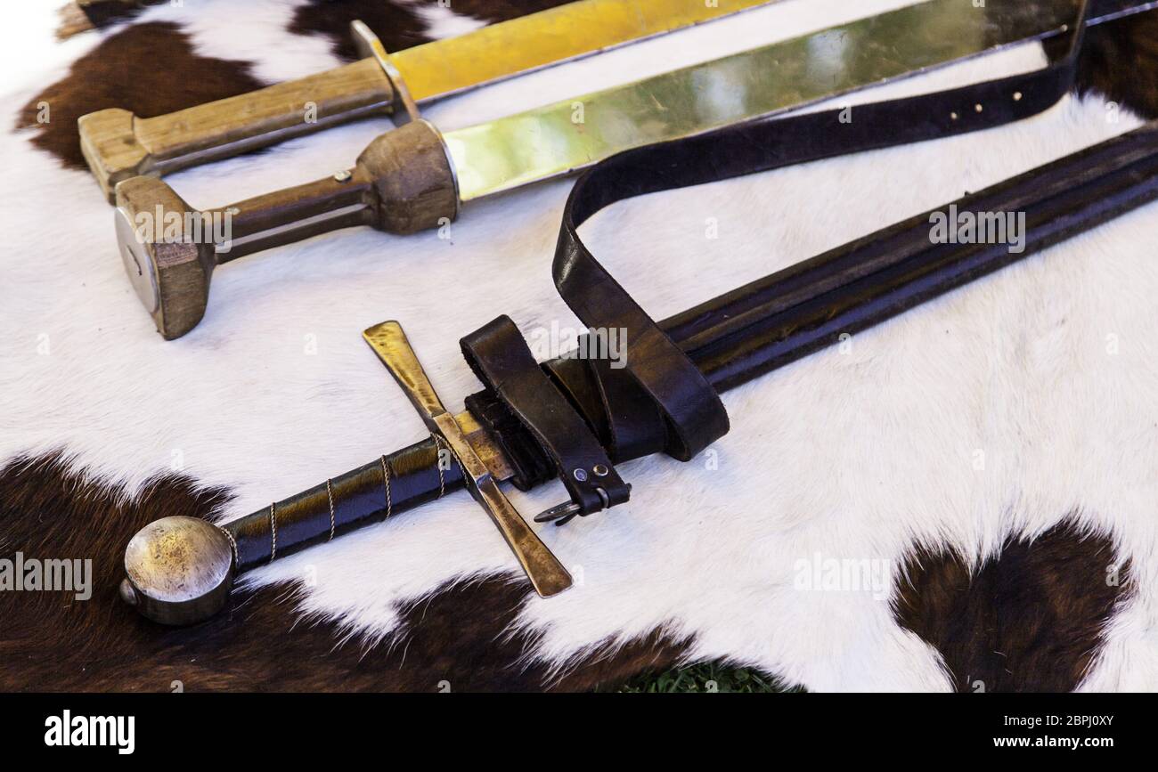 Ancient medieval sword in a knight, detail of weapon of war Stock Photo ...