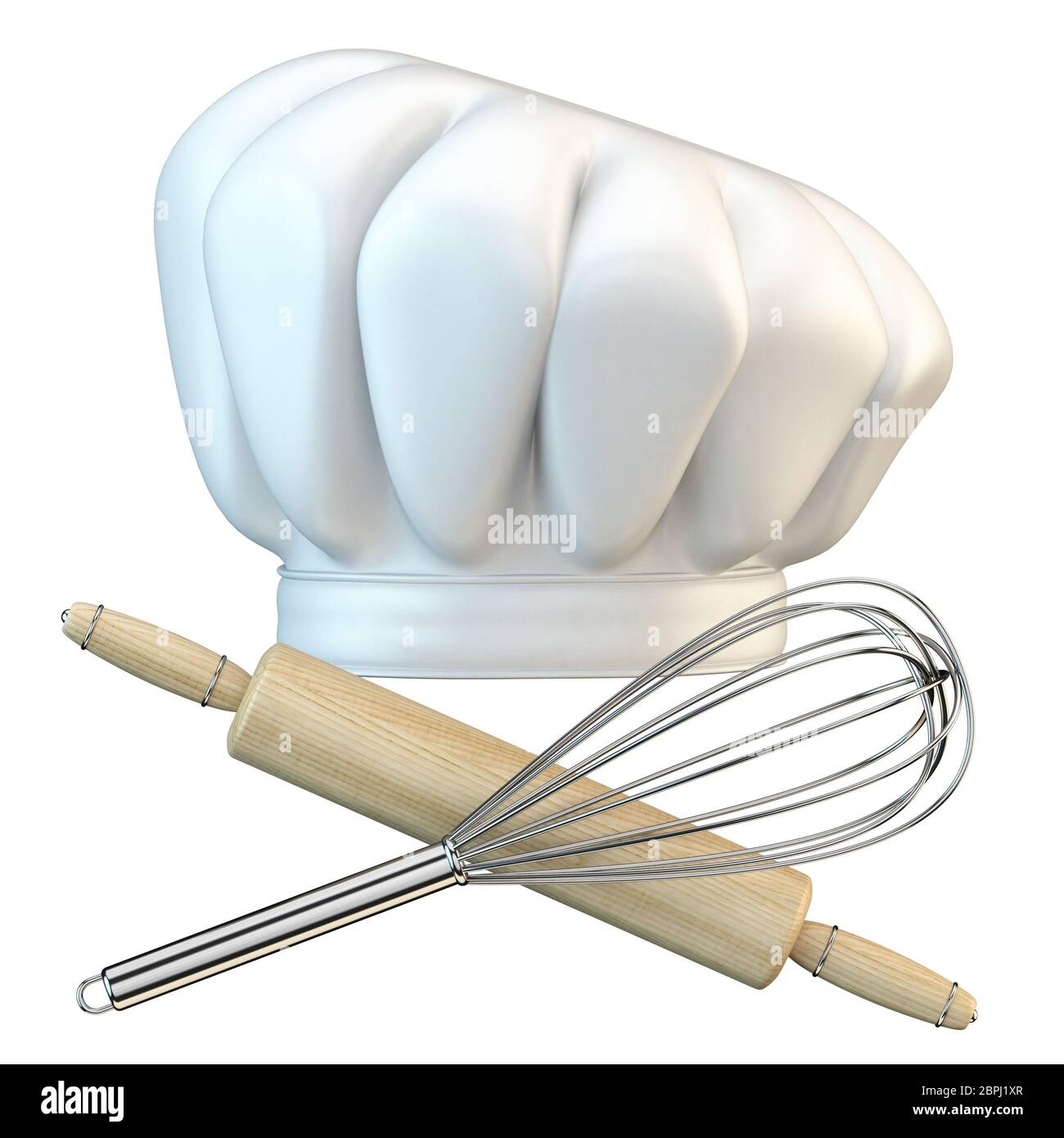 White chef hat with steel whisk and rolling pin 3D rendering ...