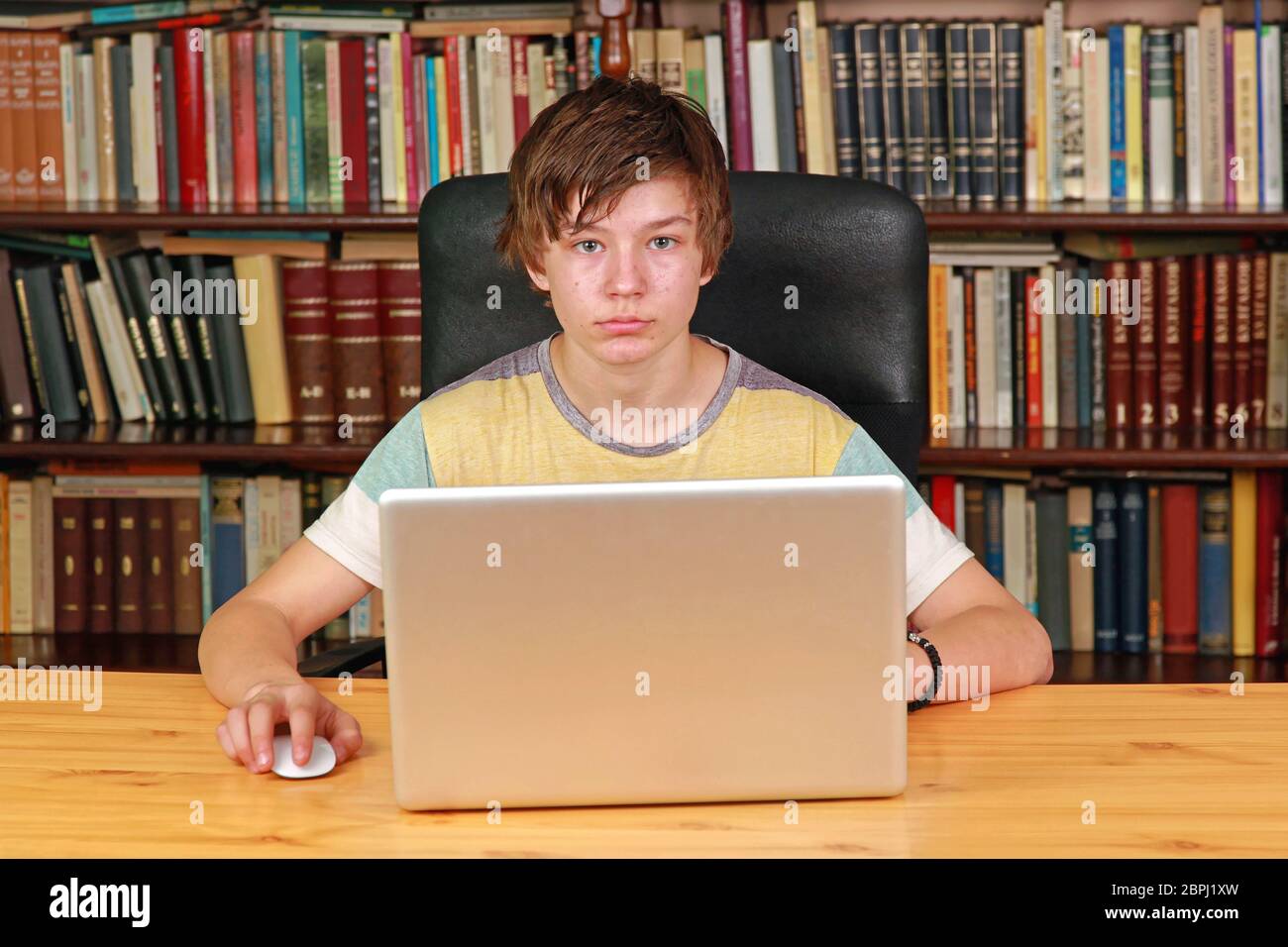 Teenage Boy at Desk With Notebook Computer in Library Stock Photo - Alamy
