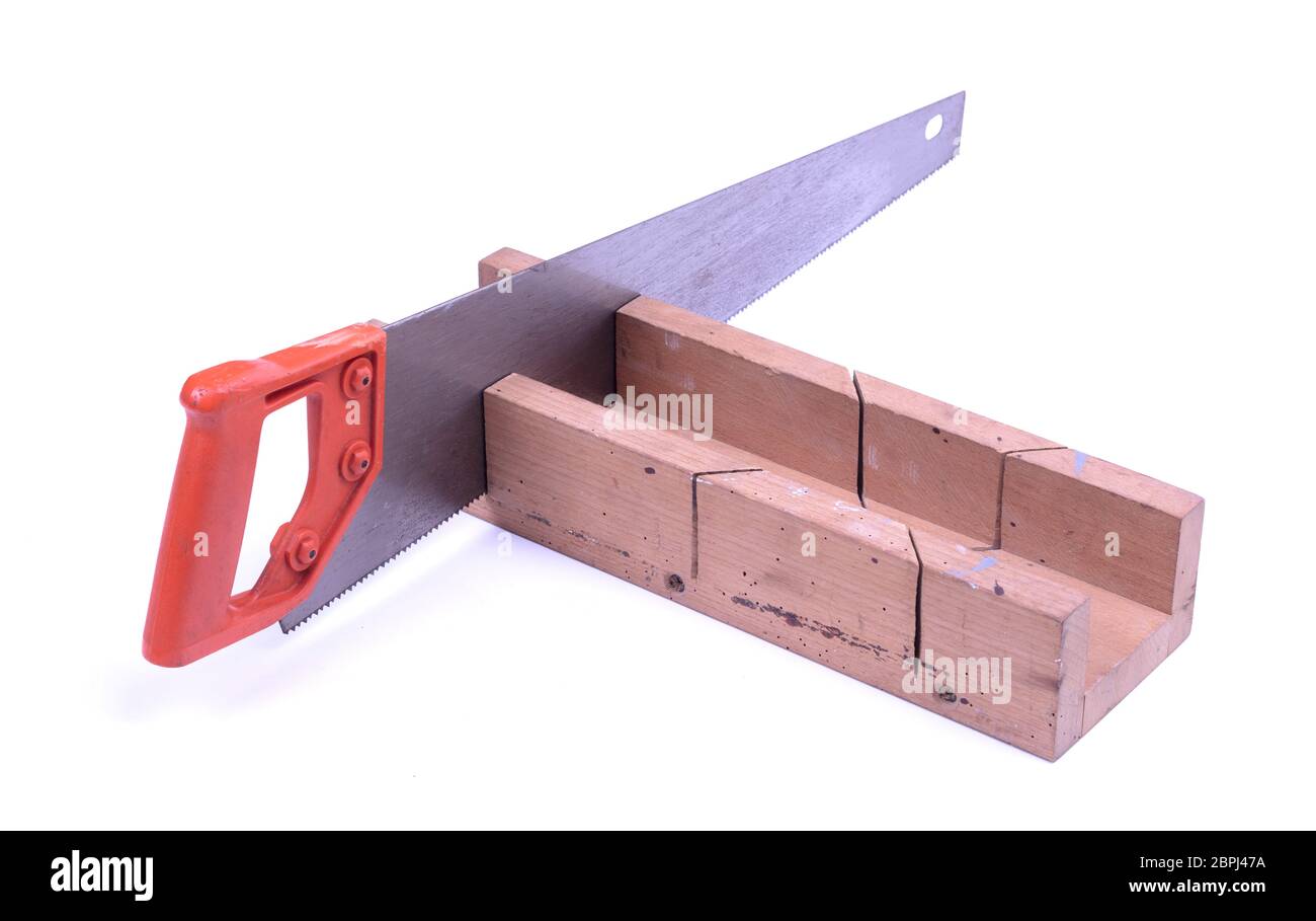 Miter box with a saw, isolated on a white background Stock Photo - Alamy