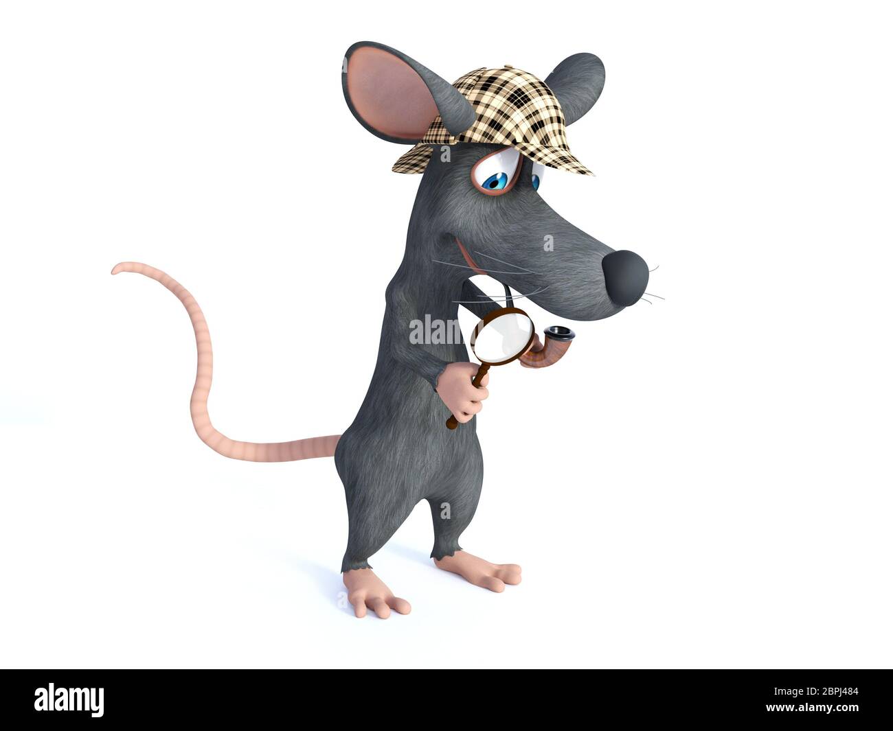3D rendering of a cute smiling cartoon mouse holding a magnifying glass ...