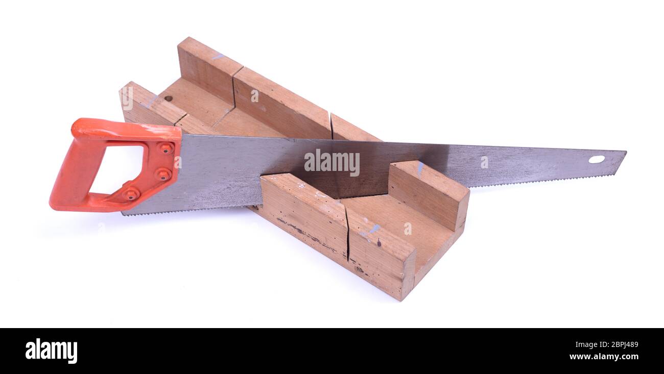 Miter box with a saw, isolated on a white background Stock Photo - Alamy