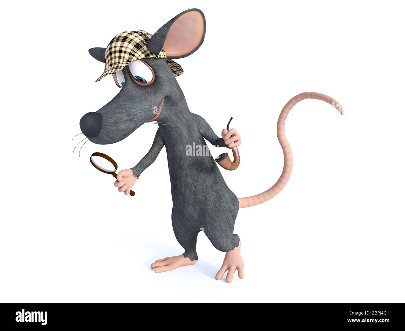 3D rendering of a cute smiling cartoon mouse holding a magnifying glass ...