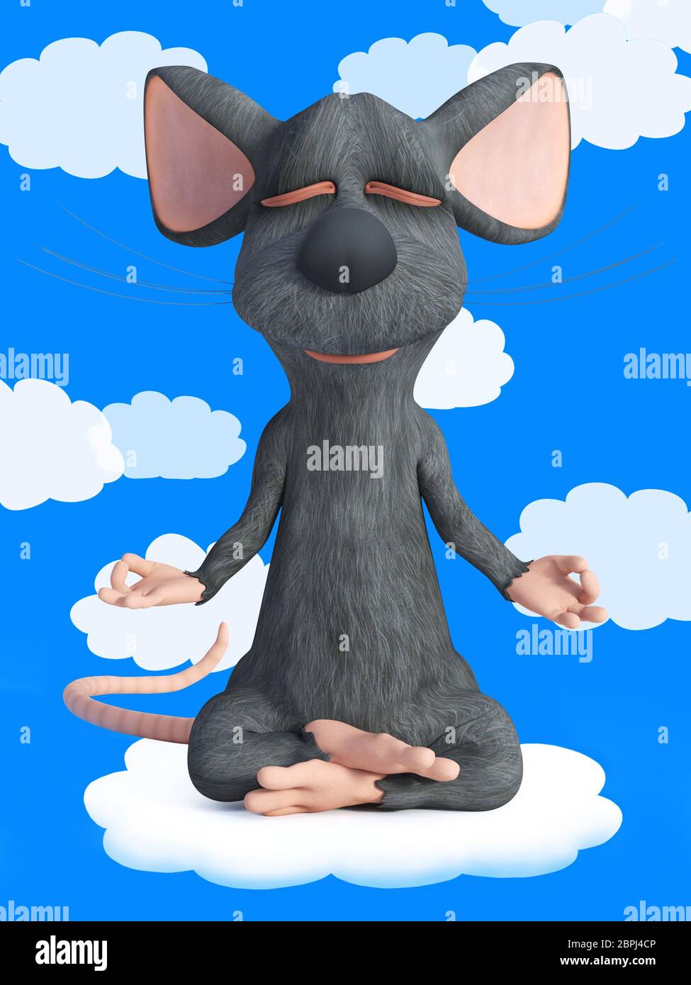 3D rendering of a cartoon mouse doing yoga on a cloud, sitting in a ...