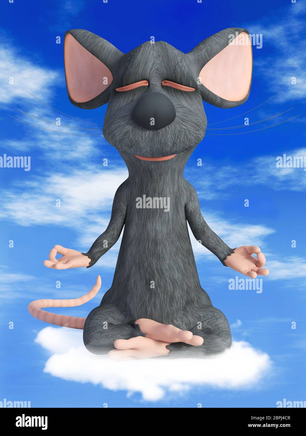 3D rendering of a cartoon mouse doing yoga on a cloud, sitting in a ...