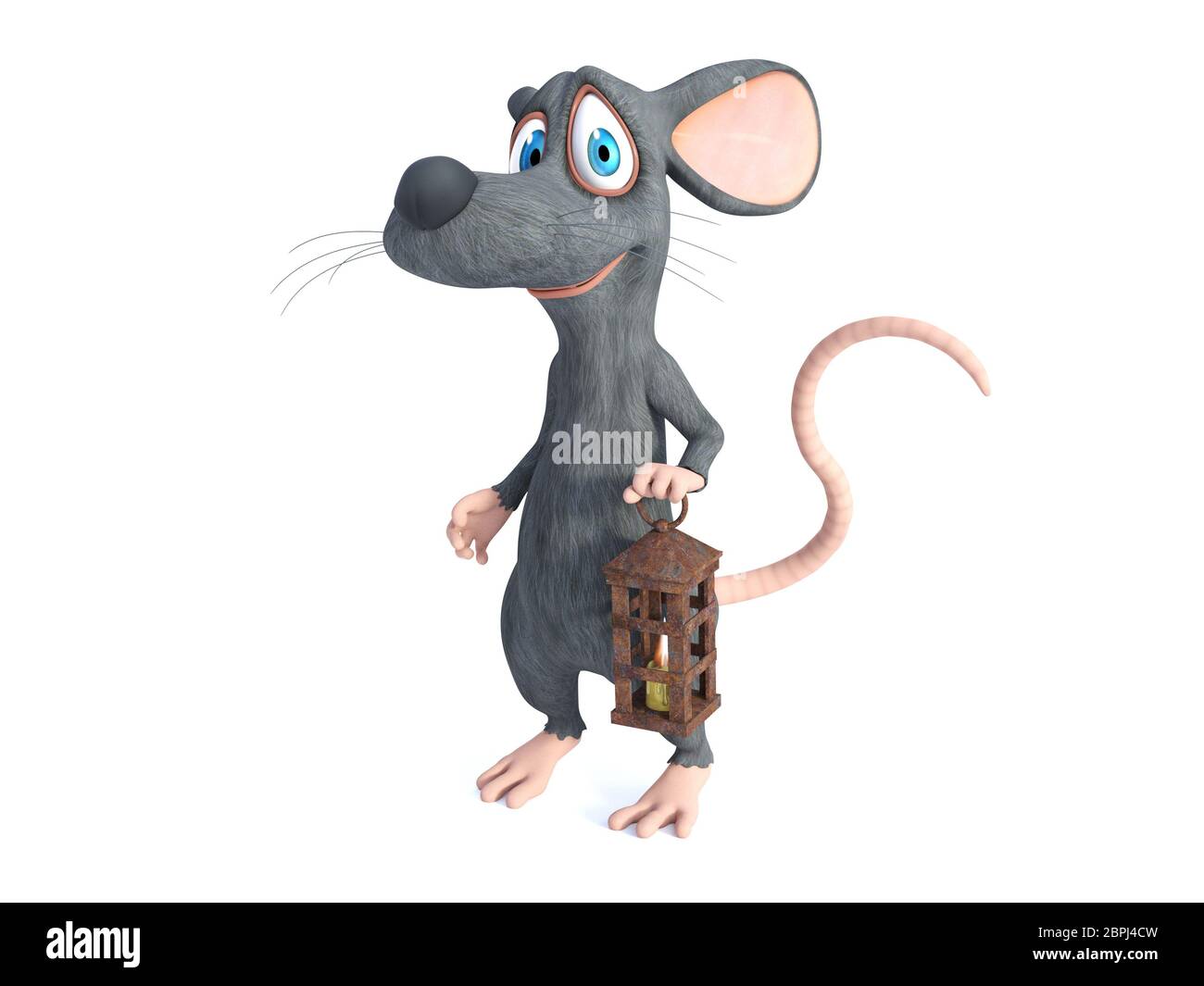 3D rendering of a cute smiling cartoon mouse holding an old lantern ...