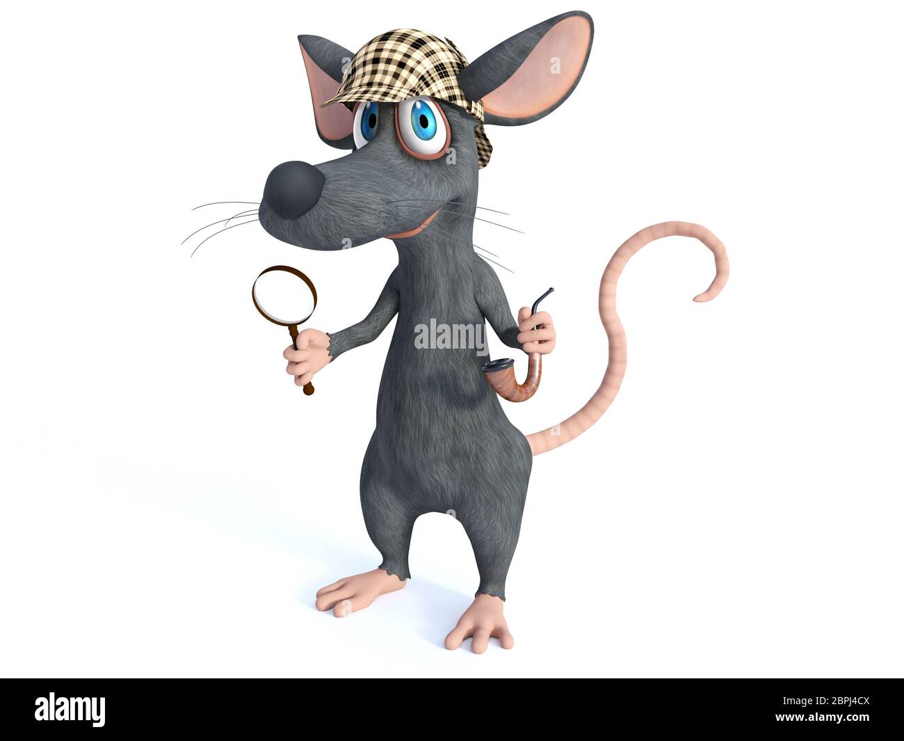 3D rendering of a cute smiling cartoon mouse holding a magnifying glass ...