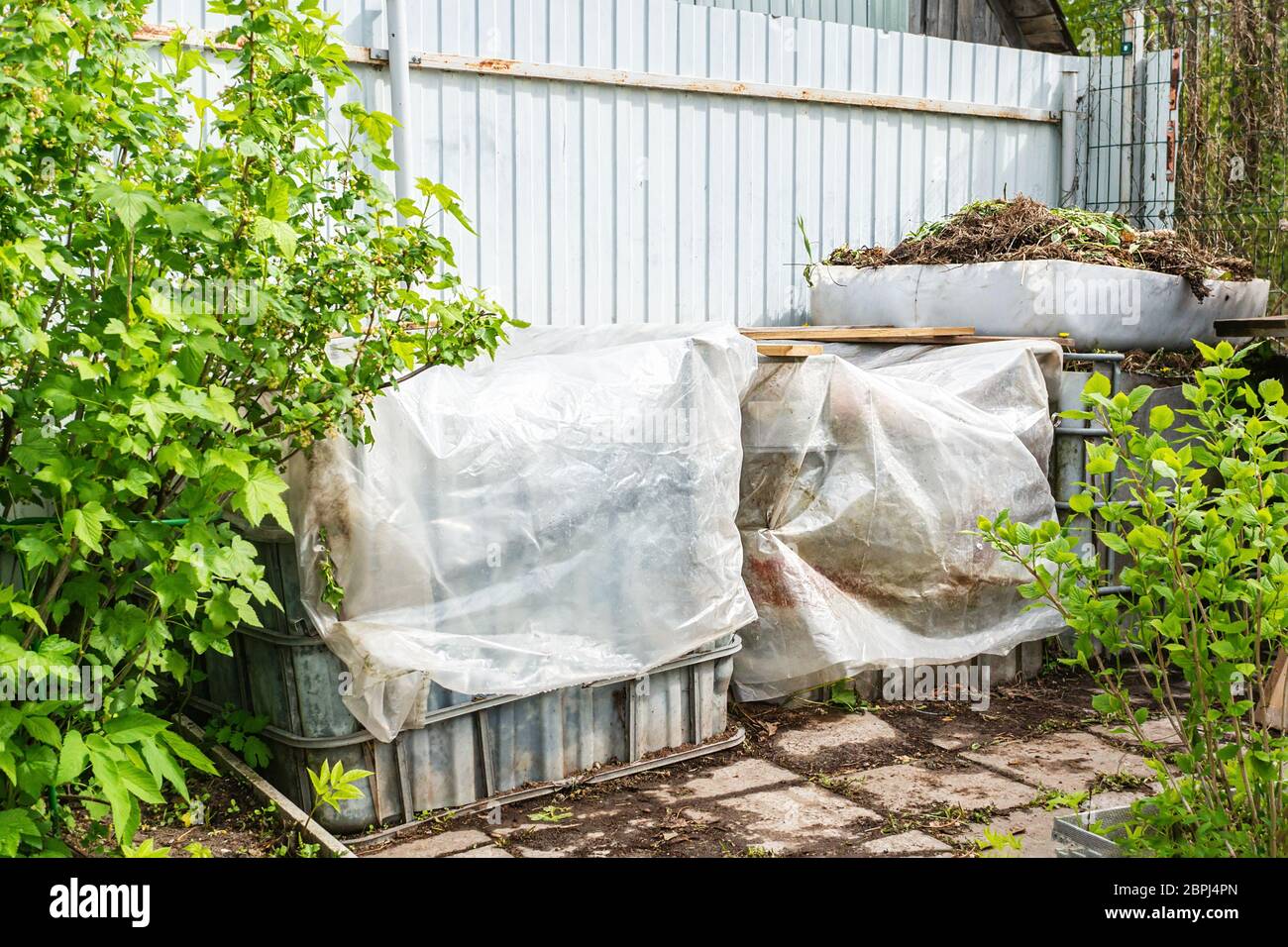 Plastic containers are reused for composting waste in the garden. fresh ...