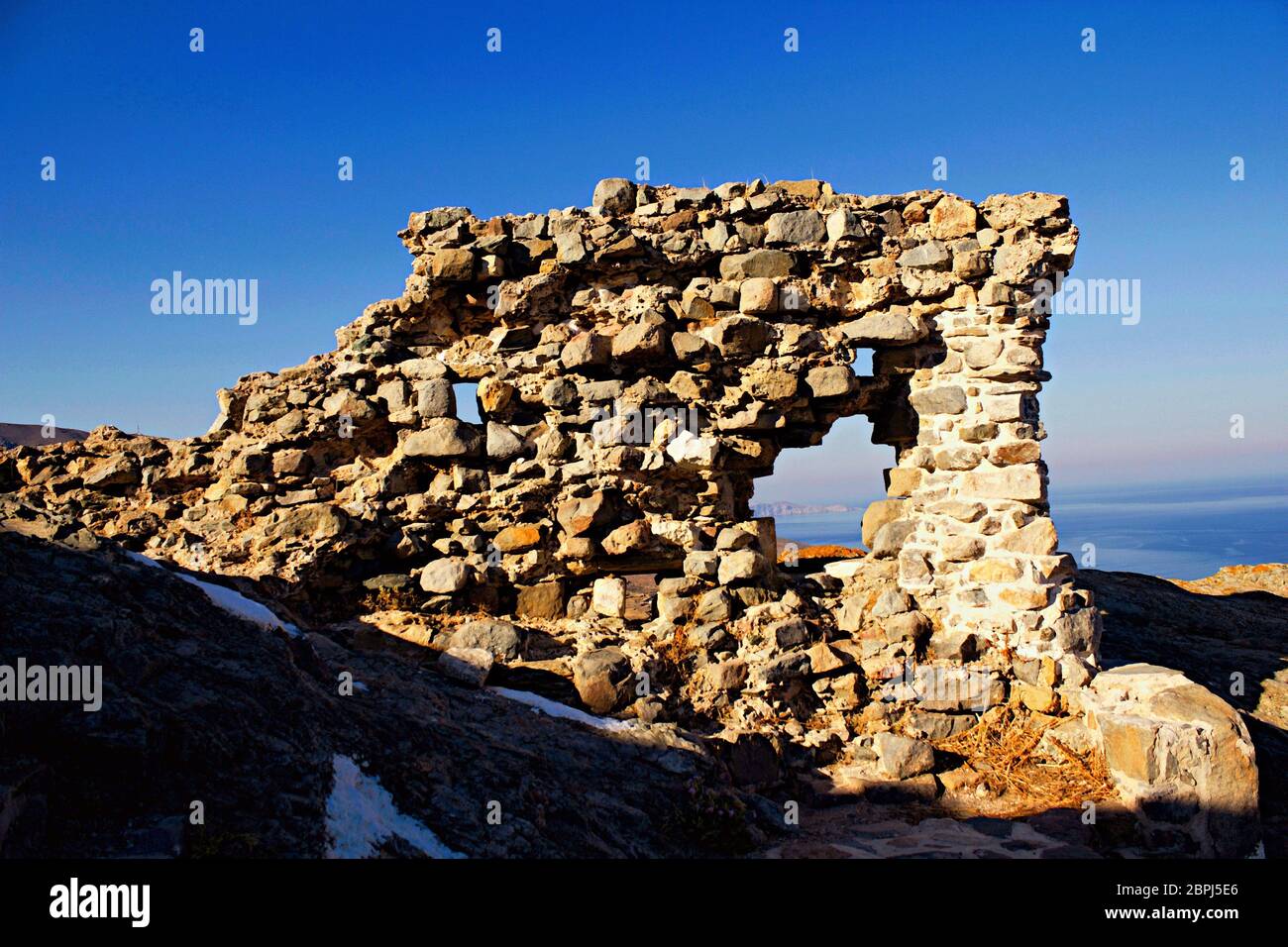 Greece, Serifos island, ruins of the old Venetian castle at the top of ...