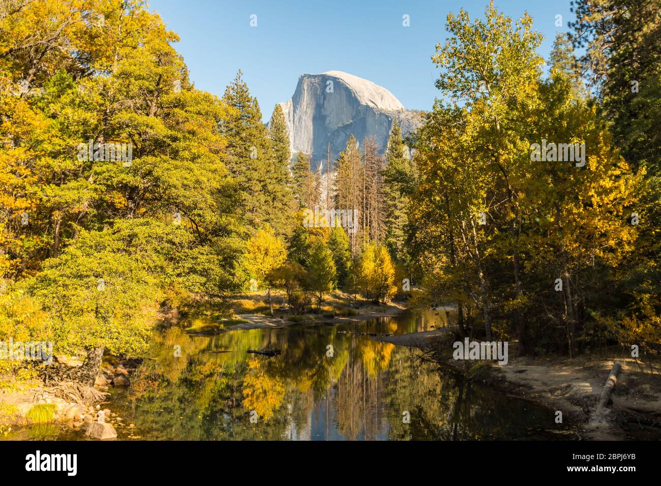 View of the Half Dome and the Merced River from the Sentinel Bridge in ...