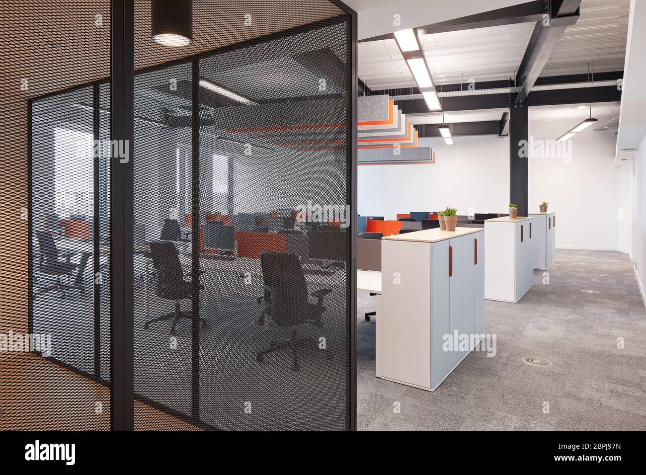 Contemporary UK office interior with primary coloured furniture. UK ...