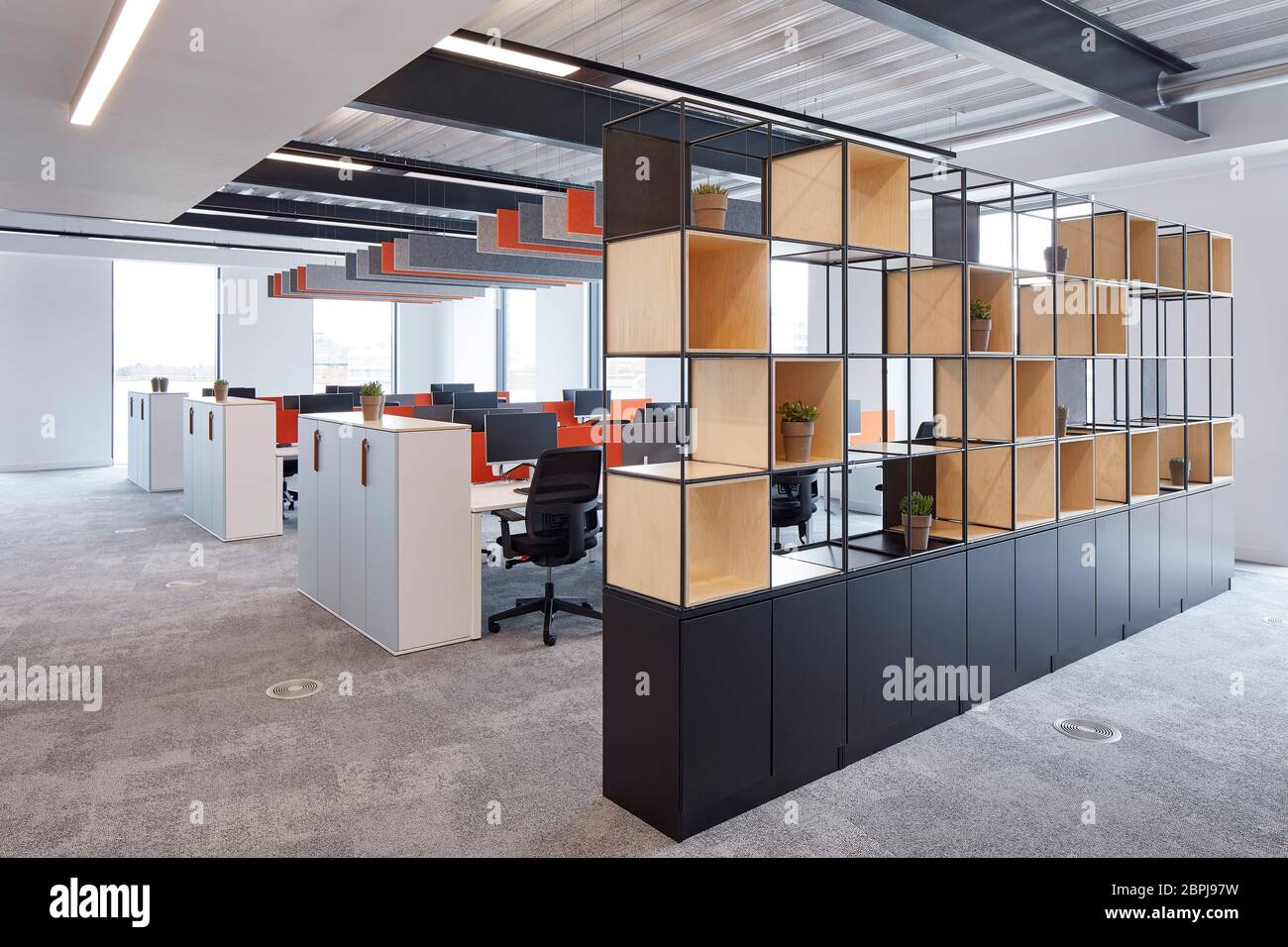 Contemporary UK office interior with box shelving. UK Office, London ...