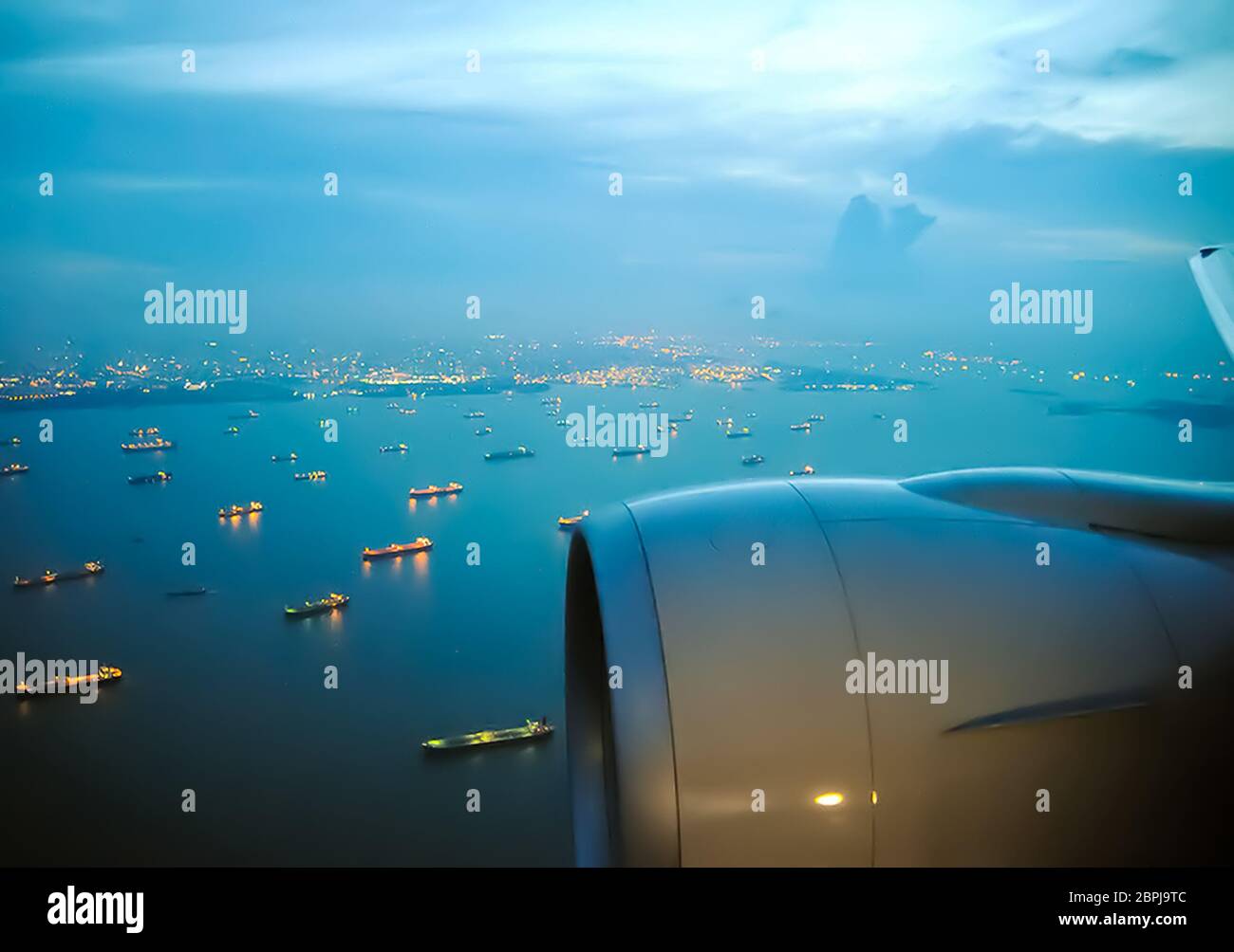 Flight of the aircraft over the port, visible ships on the water. The ...