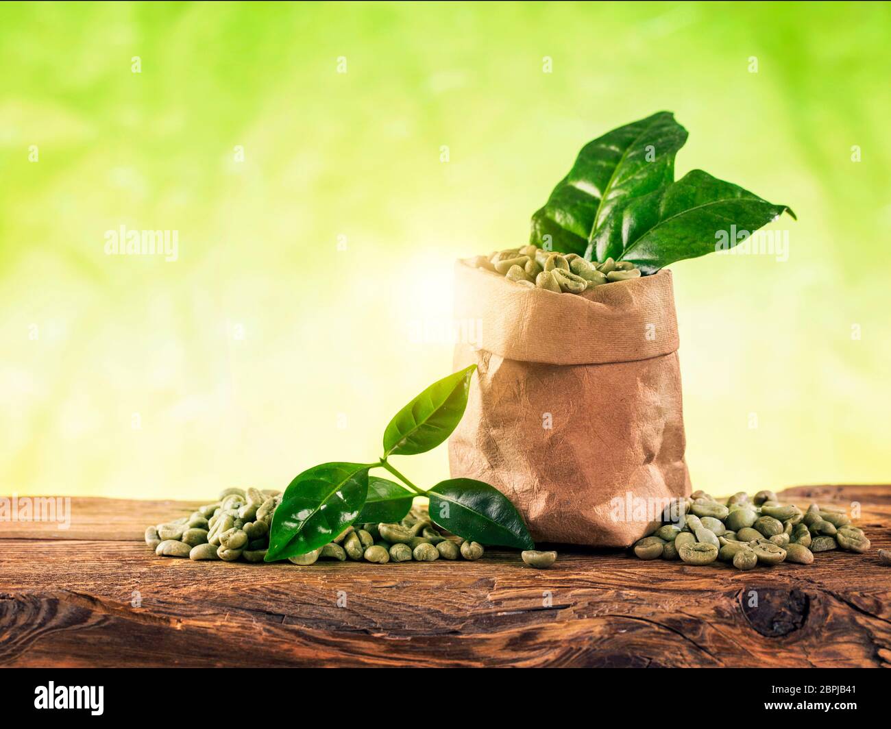 Green coffee beans on a green background Stock Photo - Alamy
