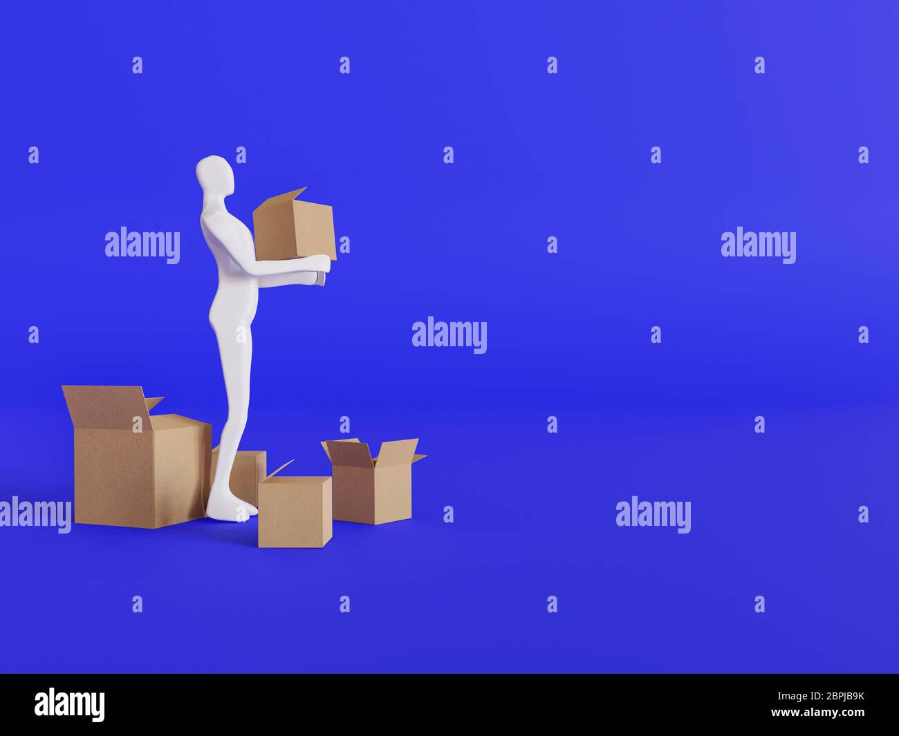 Human Figure carring Cardboard moving boxes with a blue background ...