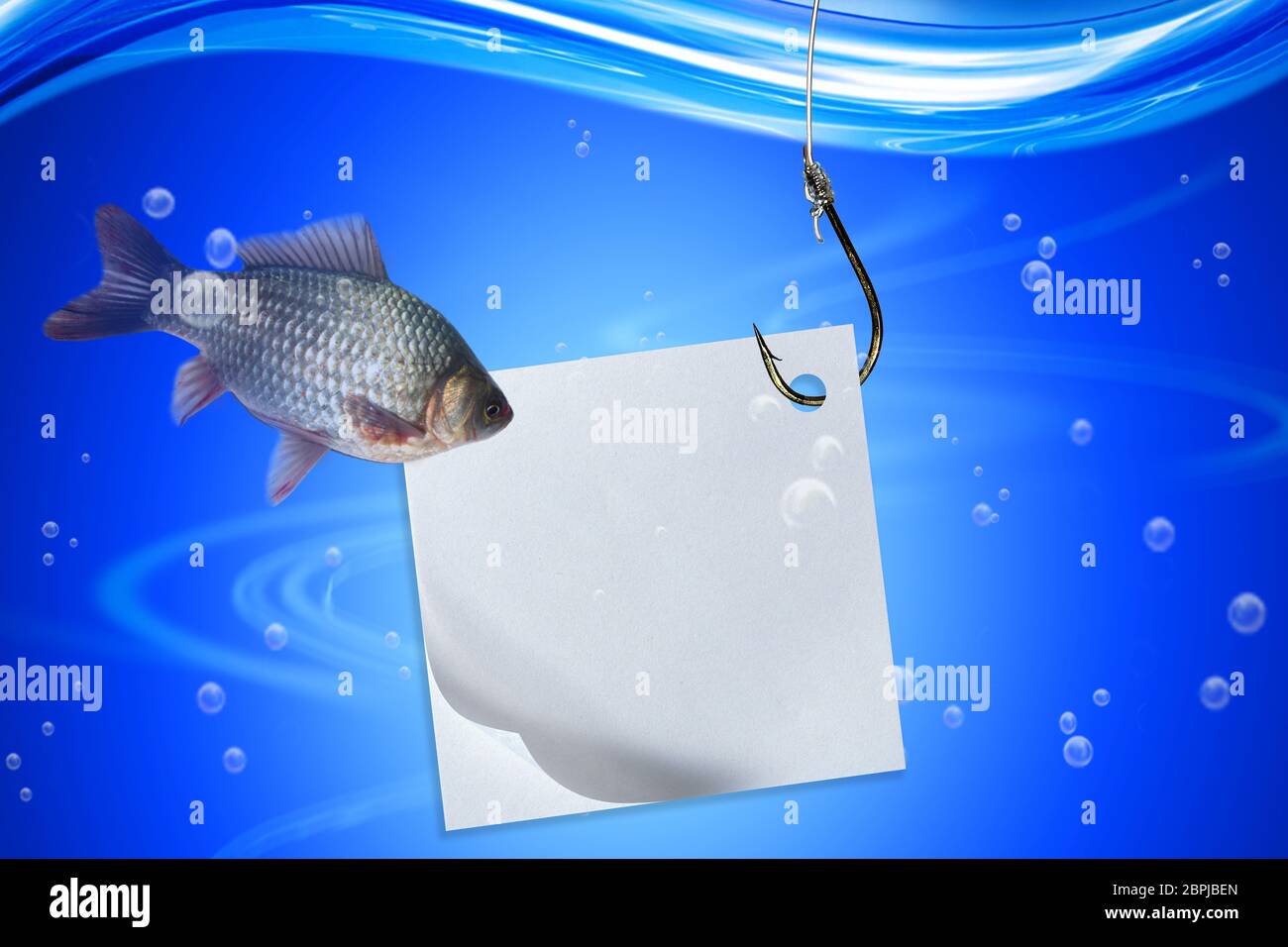 Fishing, fish in deep blue water lake poster Stock Photo - Alamy