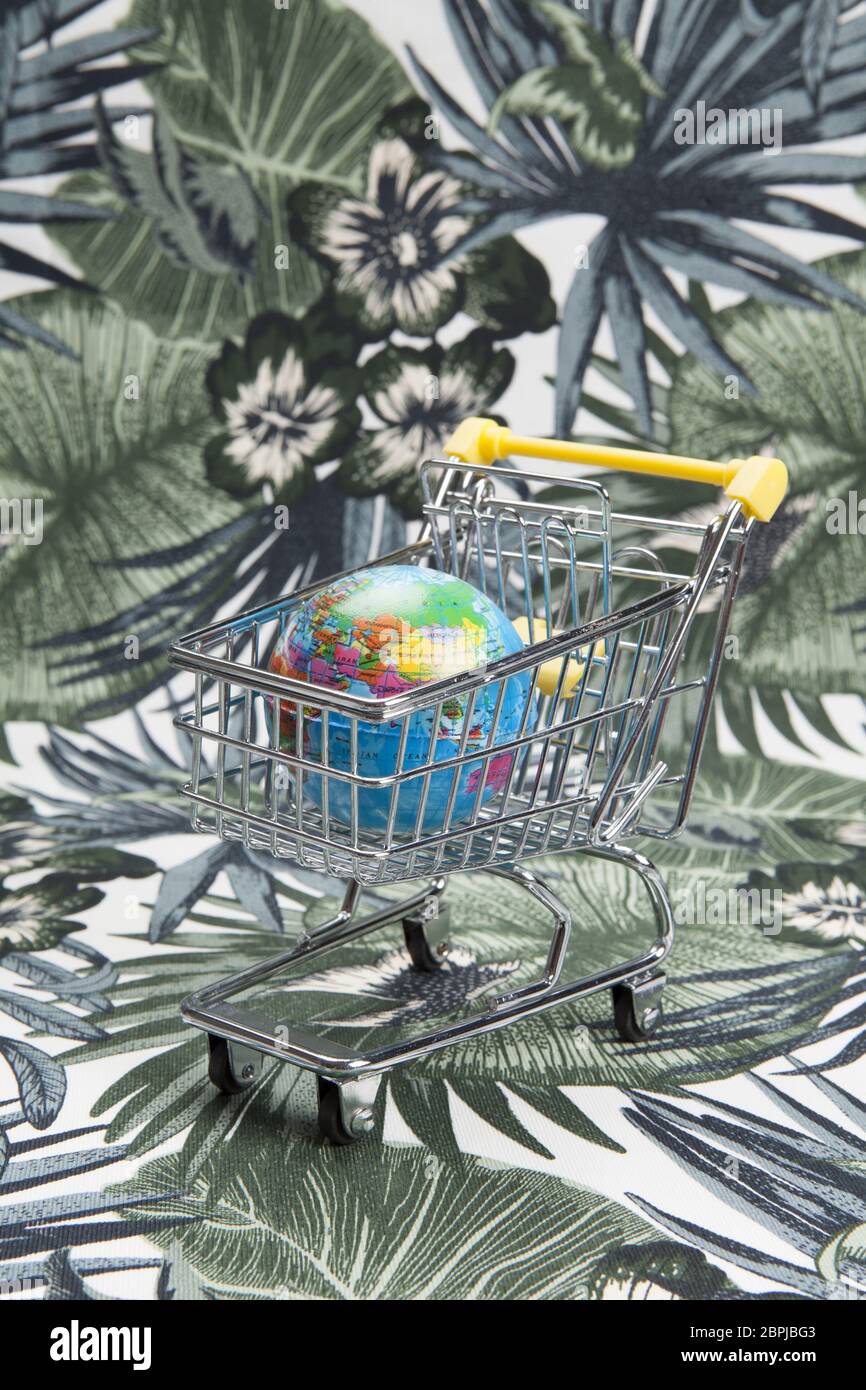 a planet earth in a supermarket shopping cart on a tropical motif ...