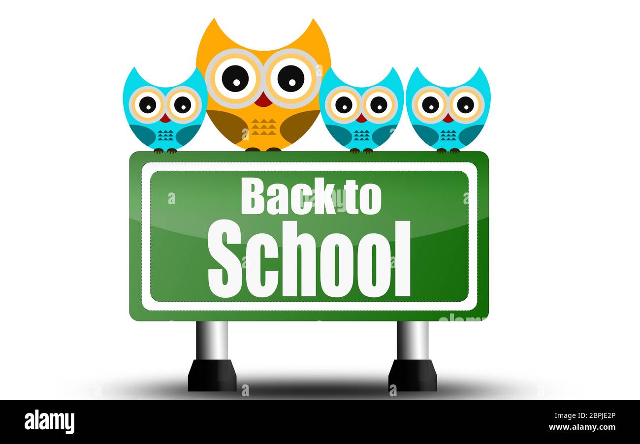 Back to school road sign with cute owls, 3D rendering Stock Photo - Alamy