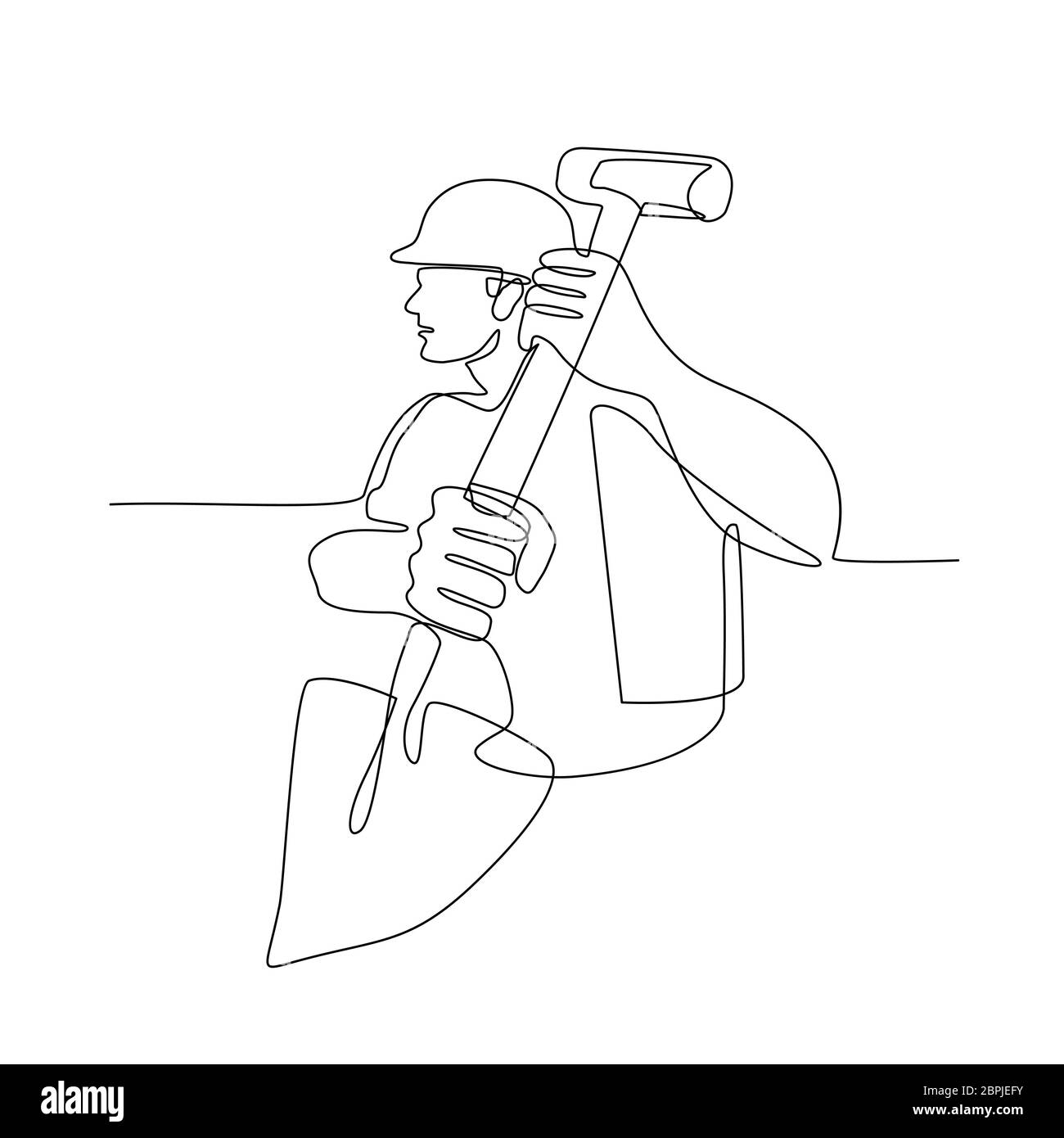 Continuous line illustration of a construction worker, handyman or ...