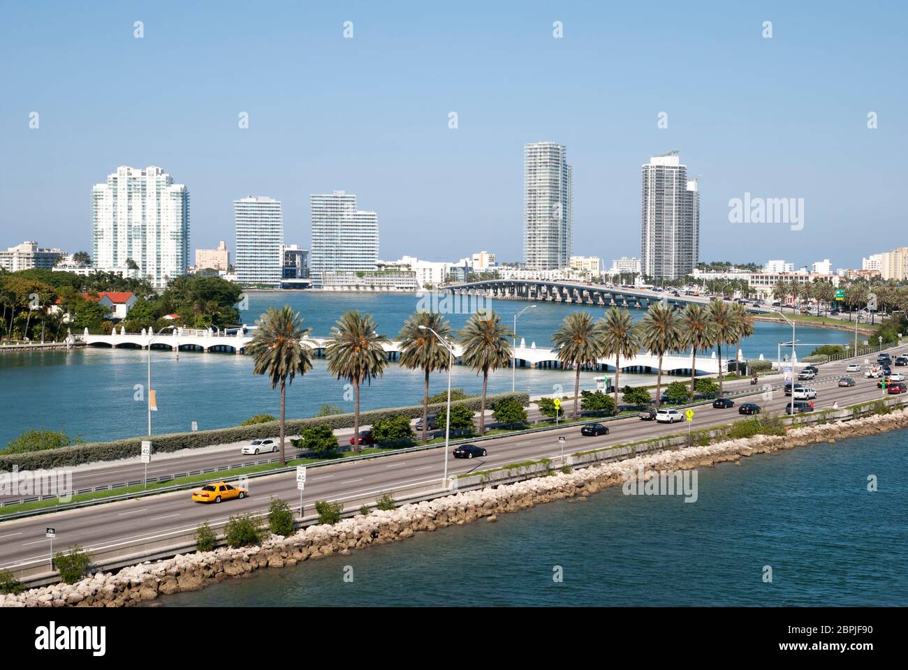 The aerial view of MacArthur Causeway and Miami Beach skyline in a ...