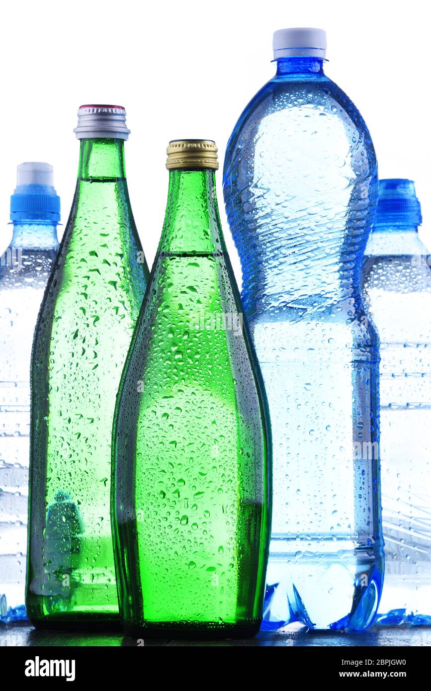 Composition with different sorts of bottles containing mineral water ...