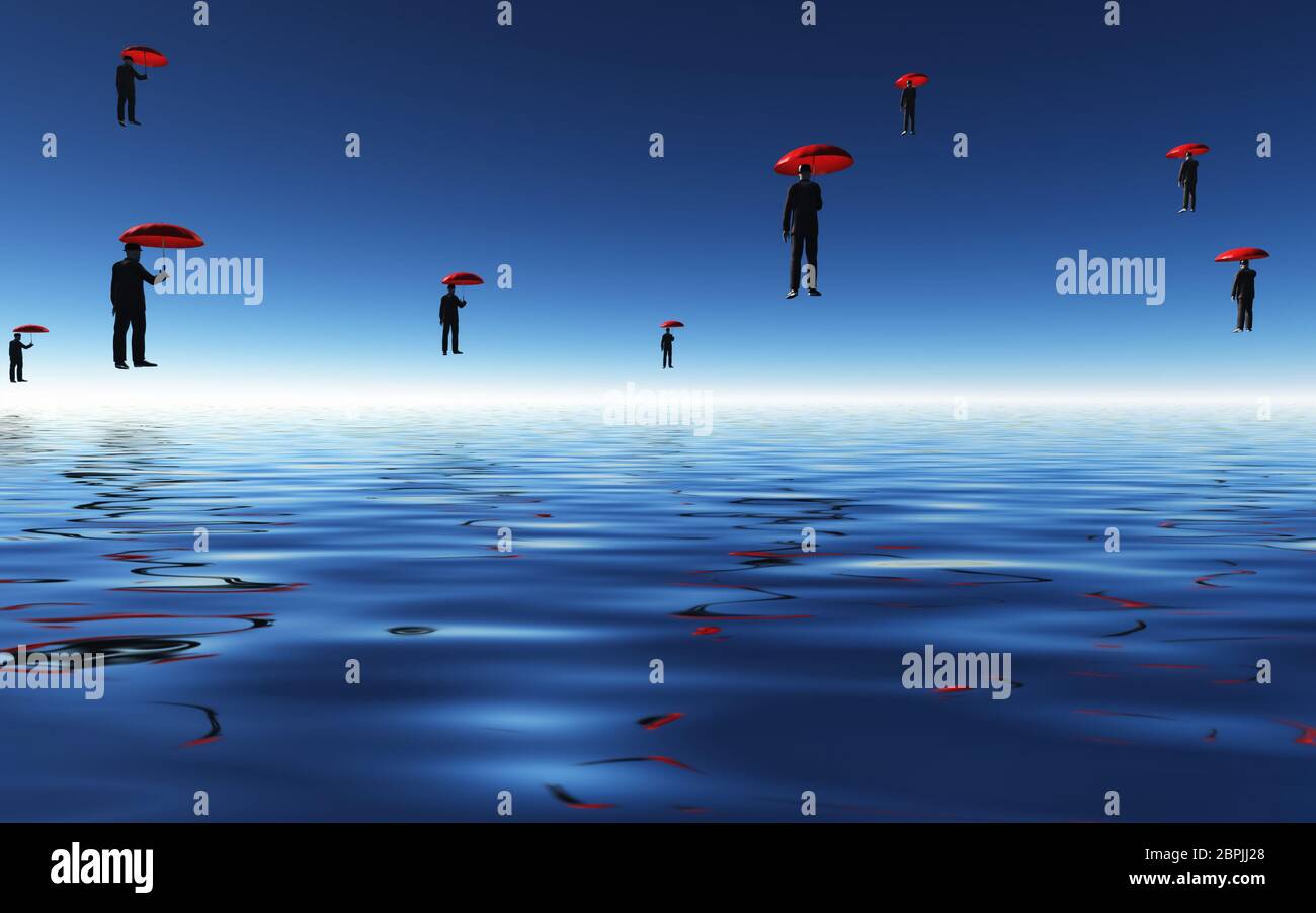 Floating Men with Red Umbrellas Stock Photo - Alamy
