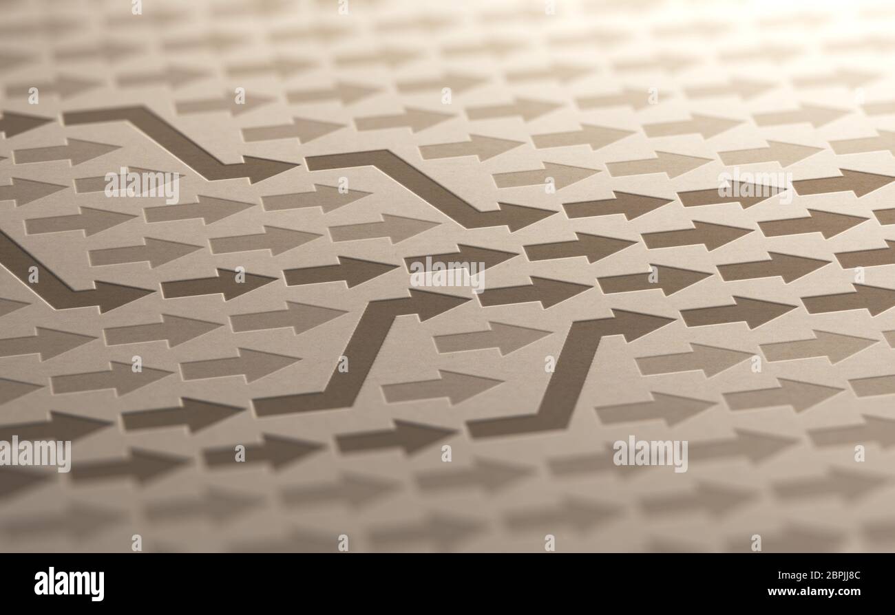 3D illustration of many arrows changing way to converge toward ...