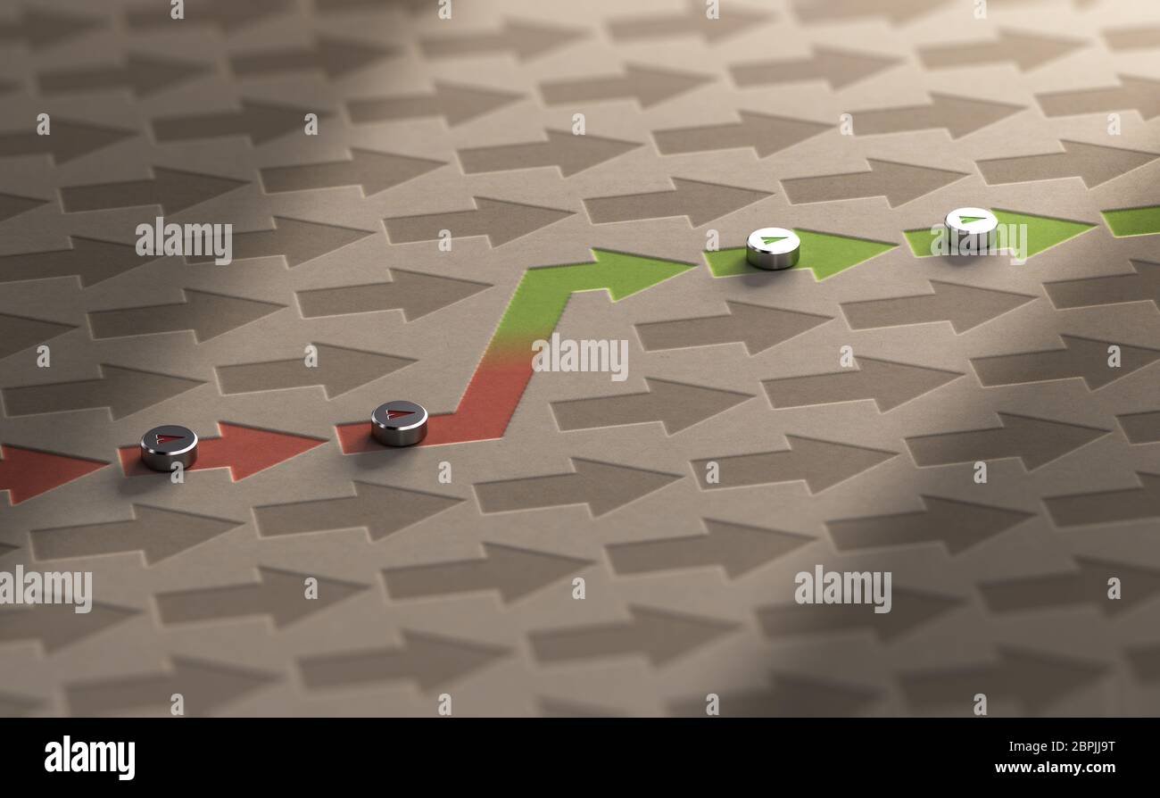 3D illustration of an arrow changing way from red to green color on ...