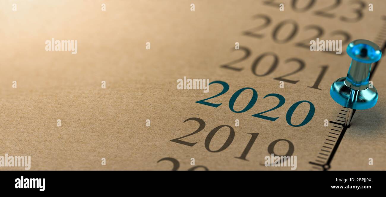 3D illustration of a timeline on kraft paper with focus on 2020 and a ...