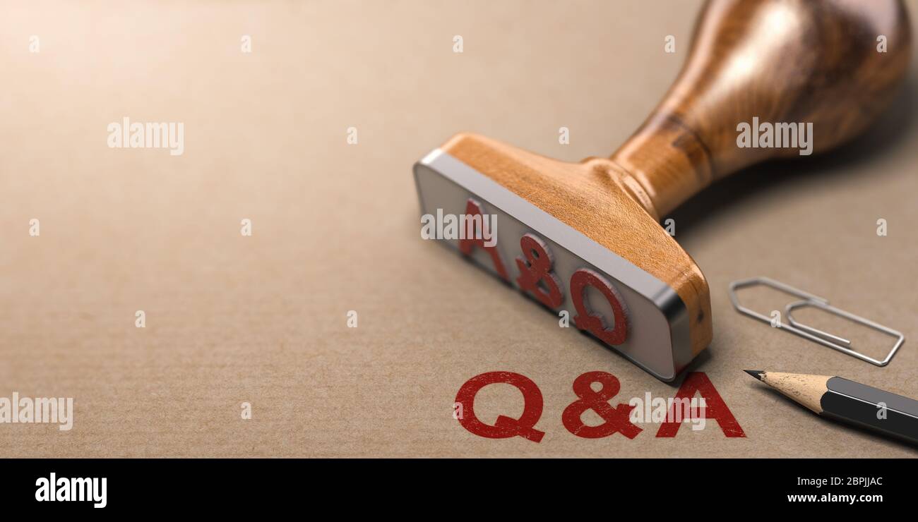 Q and A, question and answer rubber stamp over paper background. 3D ...