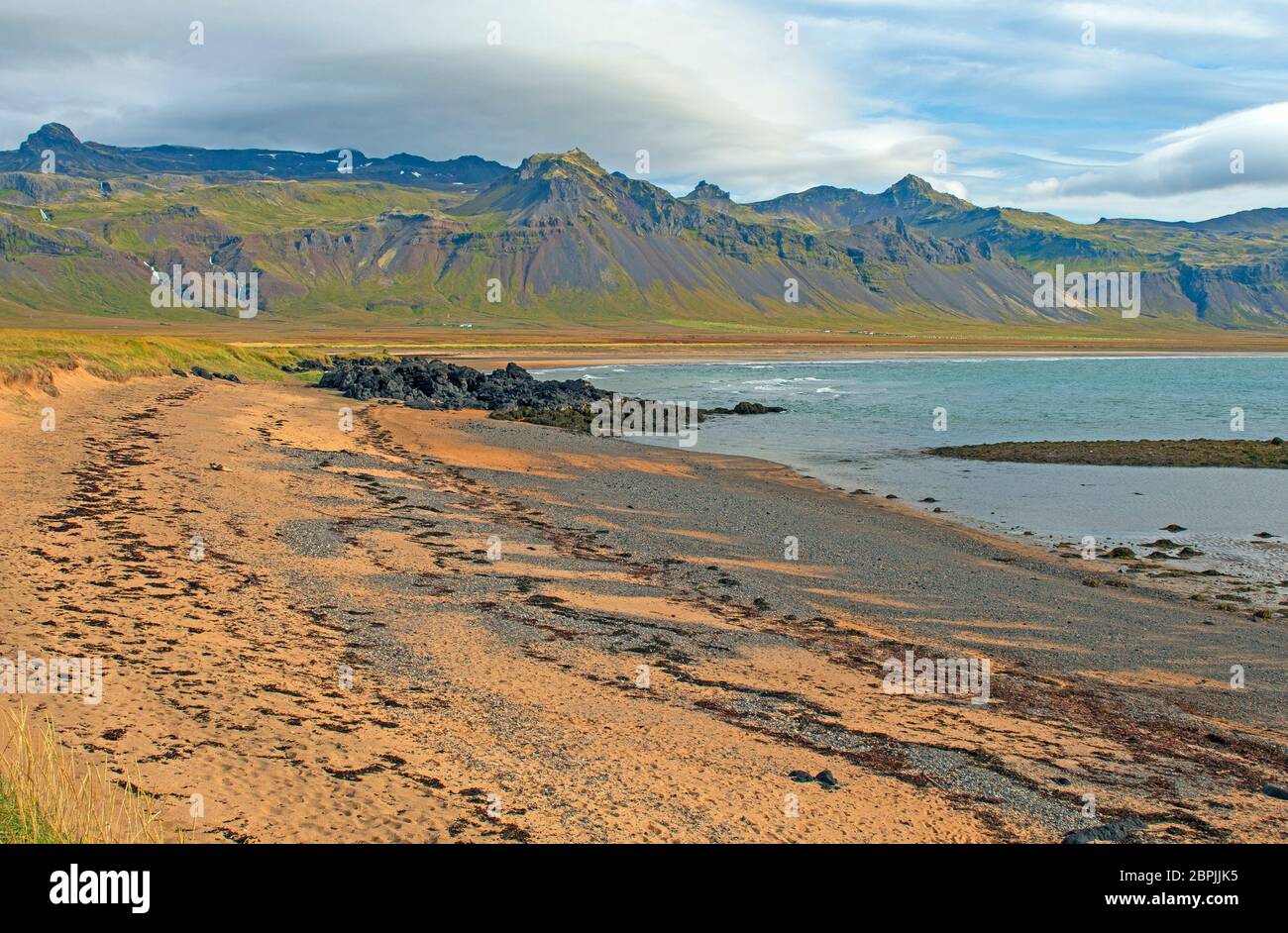 Golden Sand Beach with Lava and Mountains near Budir, Iceland on the ...