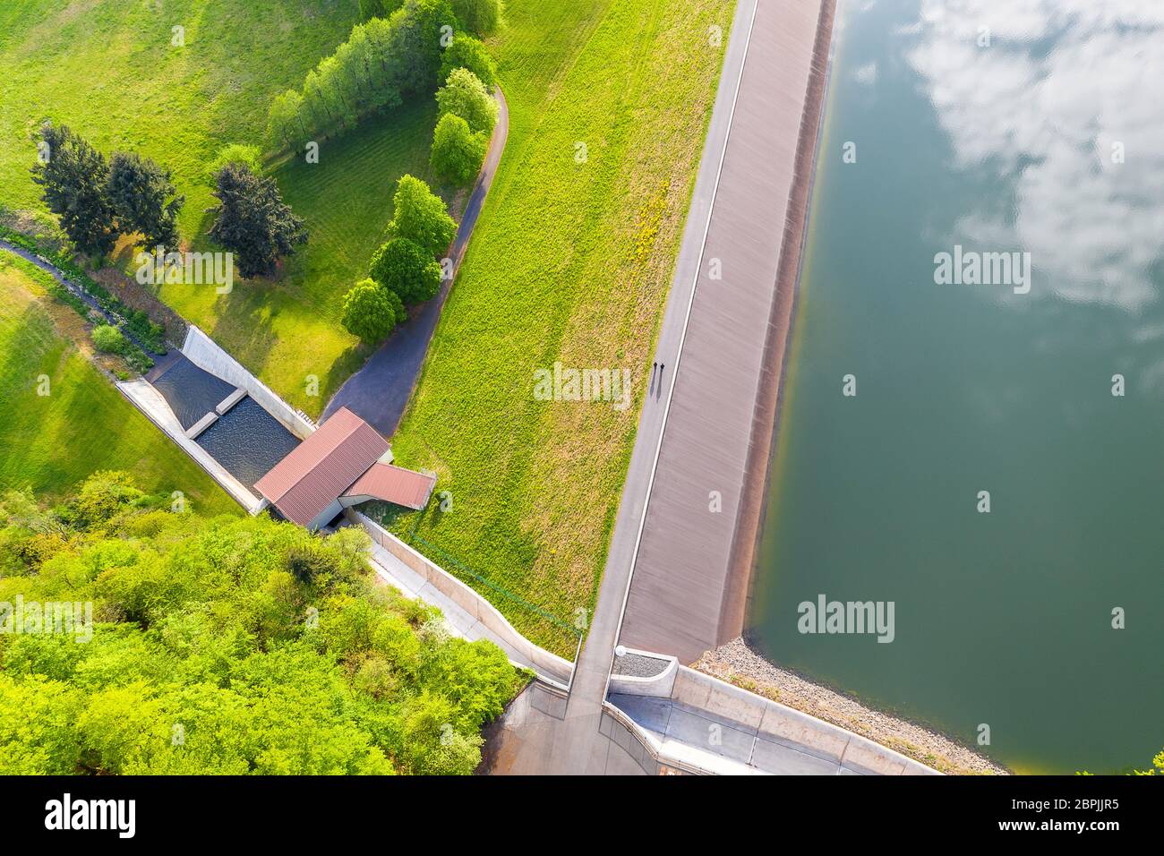water dam and water house and drain in the sun from above Stock Photo ...