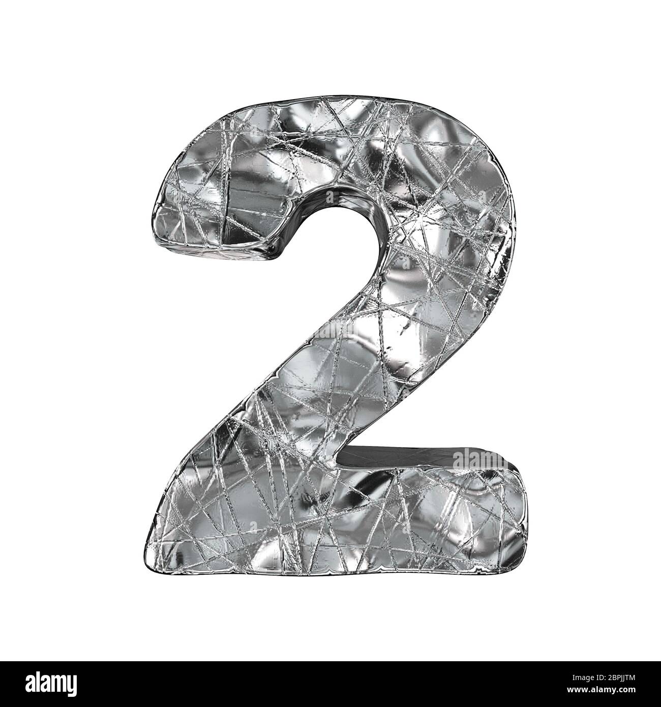 Grunge aluminium foil font number 2 TWO 3D render illustration isolated ...