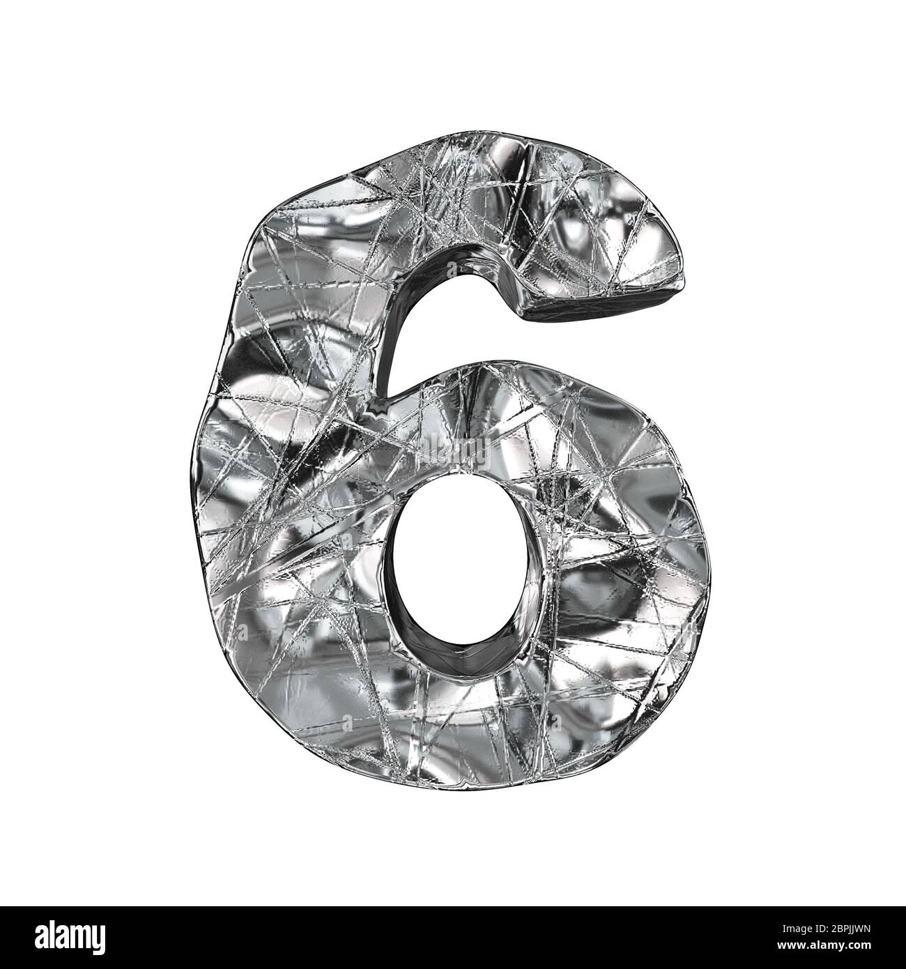 Grunge aluminium foil font number 6 SIX 3D render illustration isolated ...