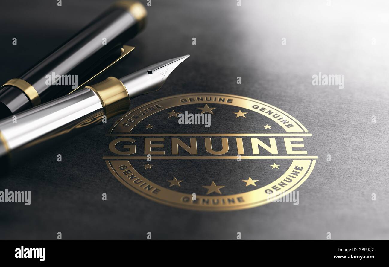 3d illustration of a genuine golden stamp on black paper background ...