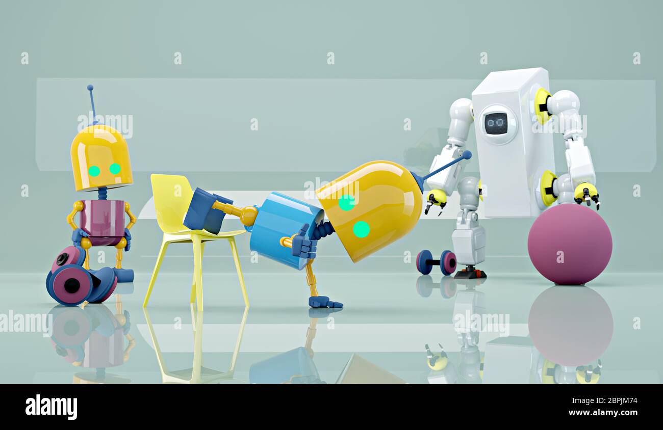 3D illustration with a fitness robot at aerobics workout or fitness ...