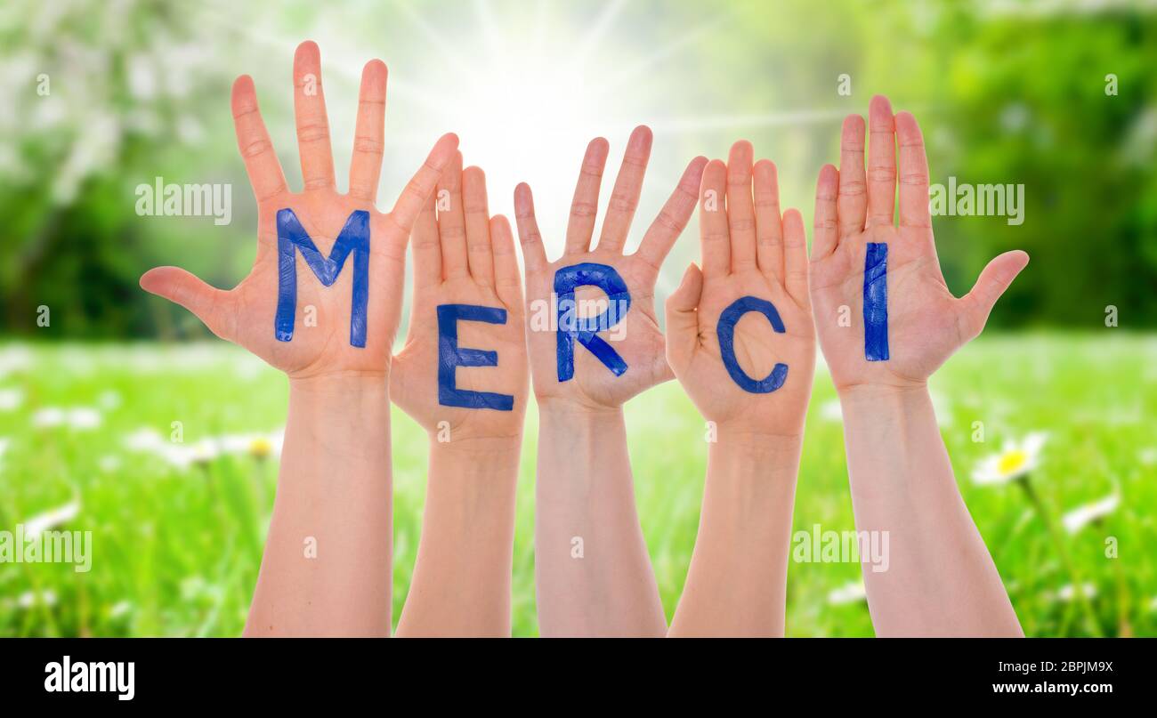 Many Hands Building French Word Merci Means Thank You. Sunny And Shiny ...