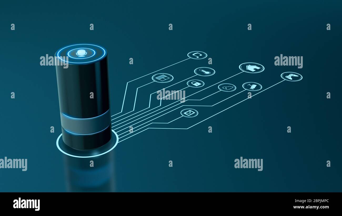 voice assistant device with a network of iot icons, concept of smart ...