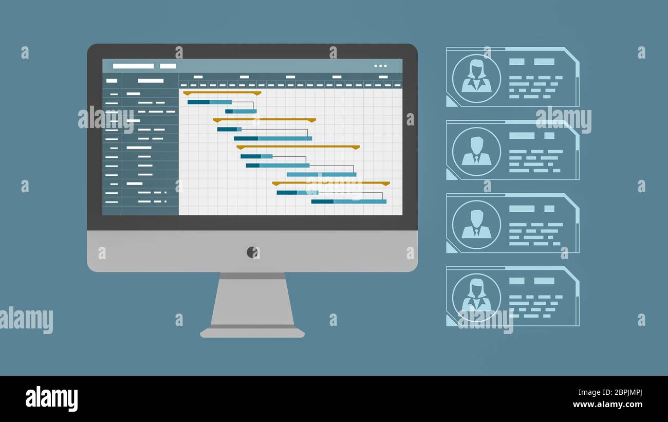 front view of a computer with a project management software showing a ...